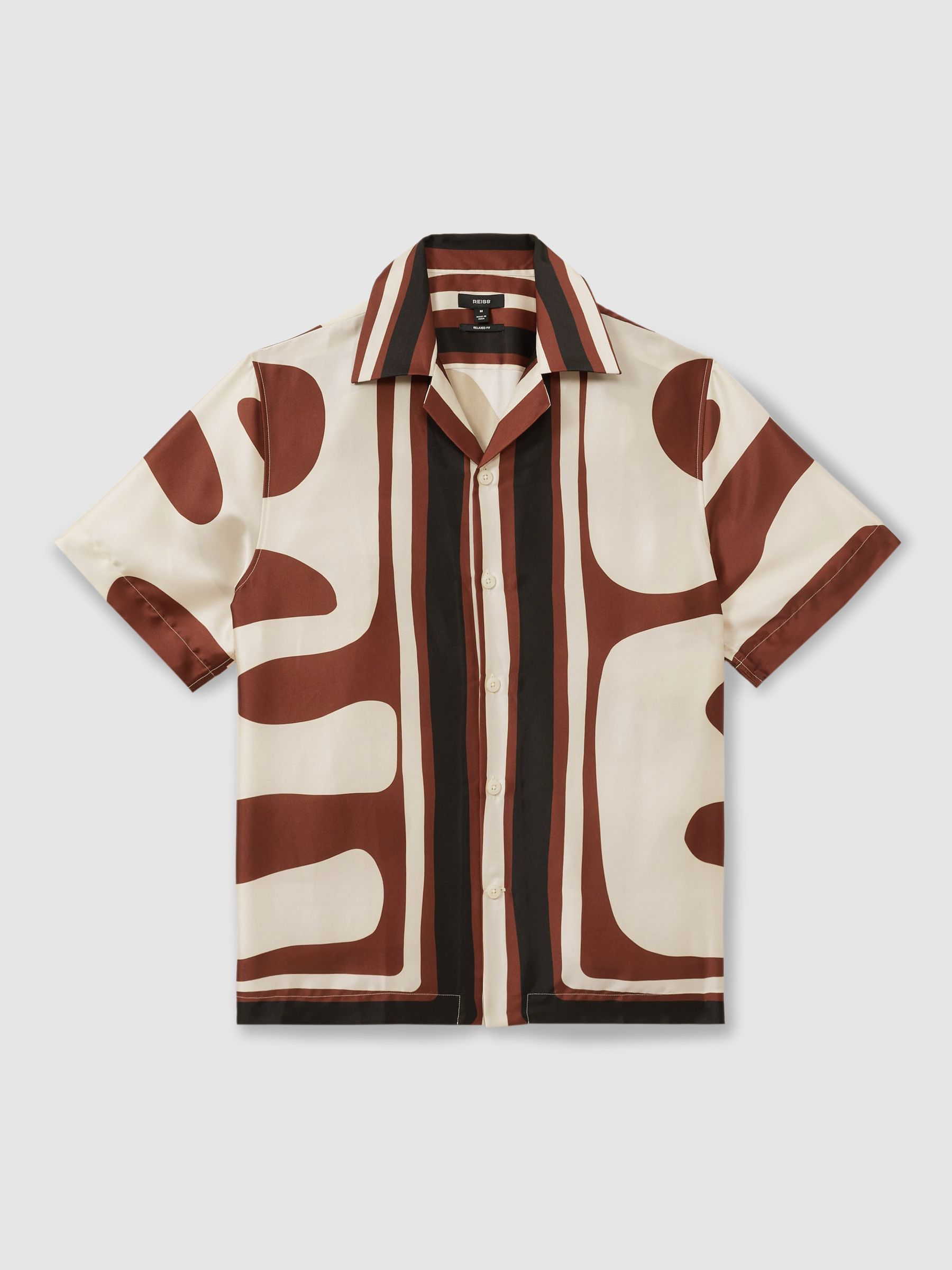 Reiss Tom Rust/Navy Relaxed Printed Cuban Collar Shirt - REISS