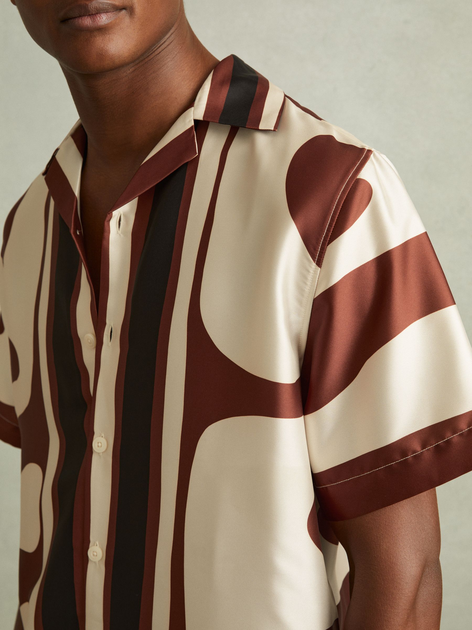 Reiss Tom Rust/Navy Relaxed Printed Cuban Collar Shirt - REISS