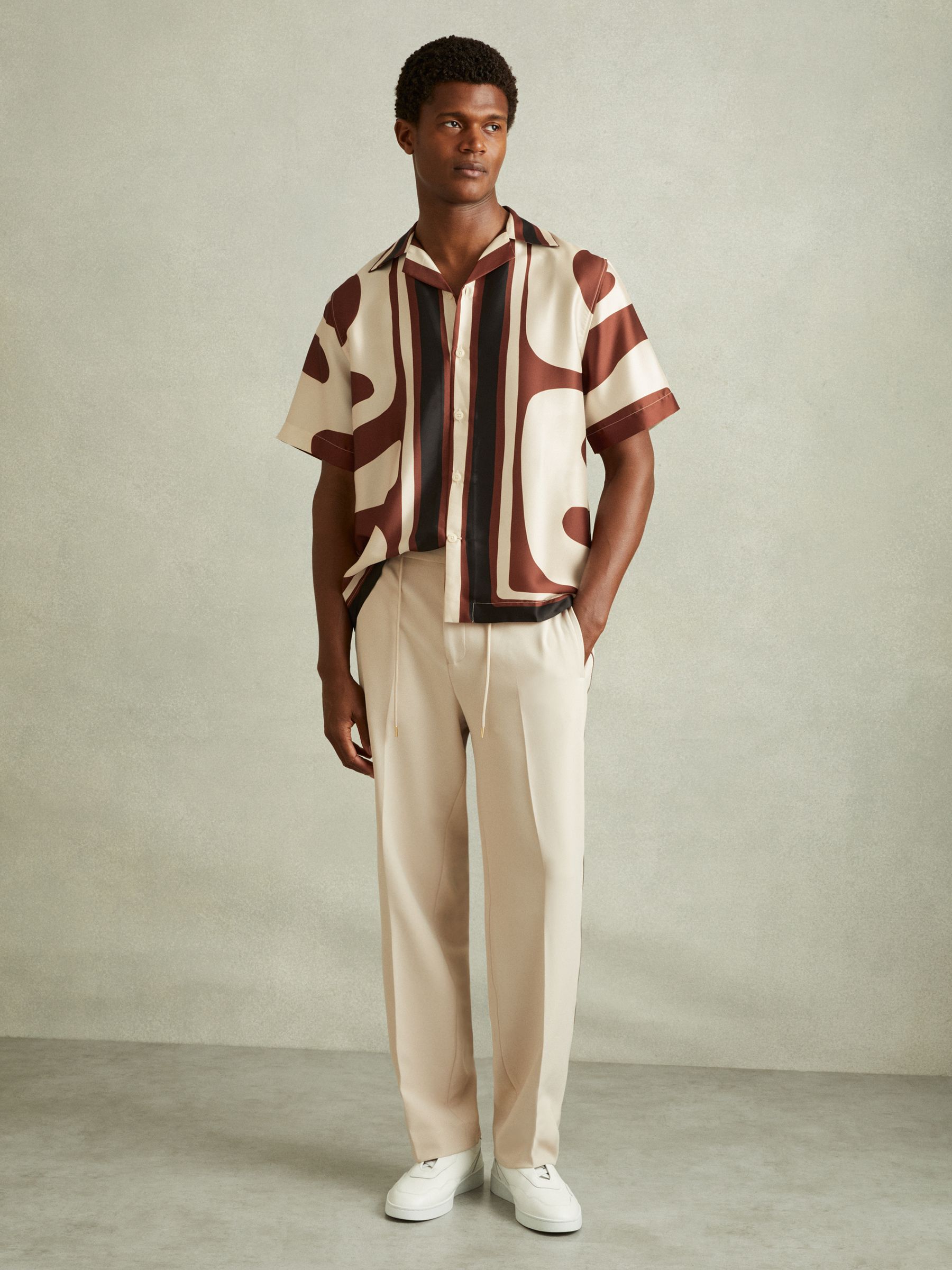 Reiss Tom Rust/Navy Relaxed Printed Cuban Collar Shirt - REISS