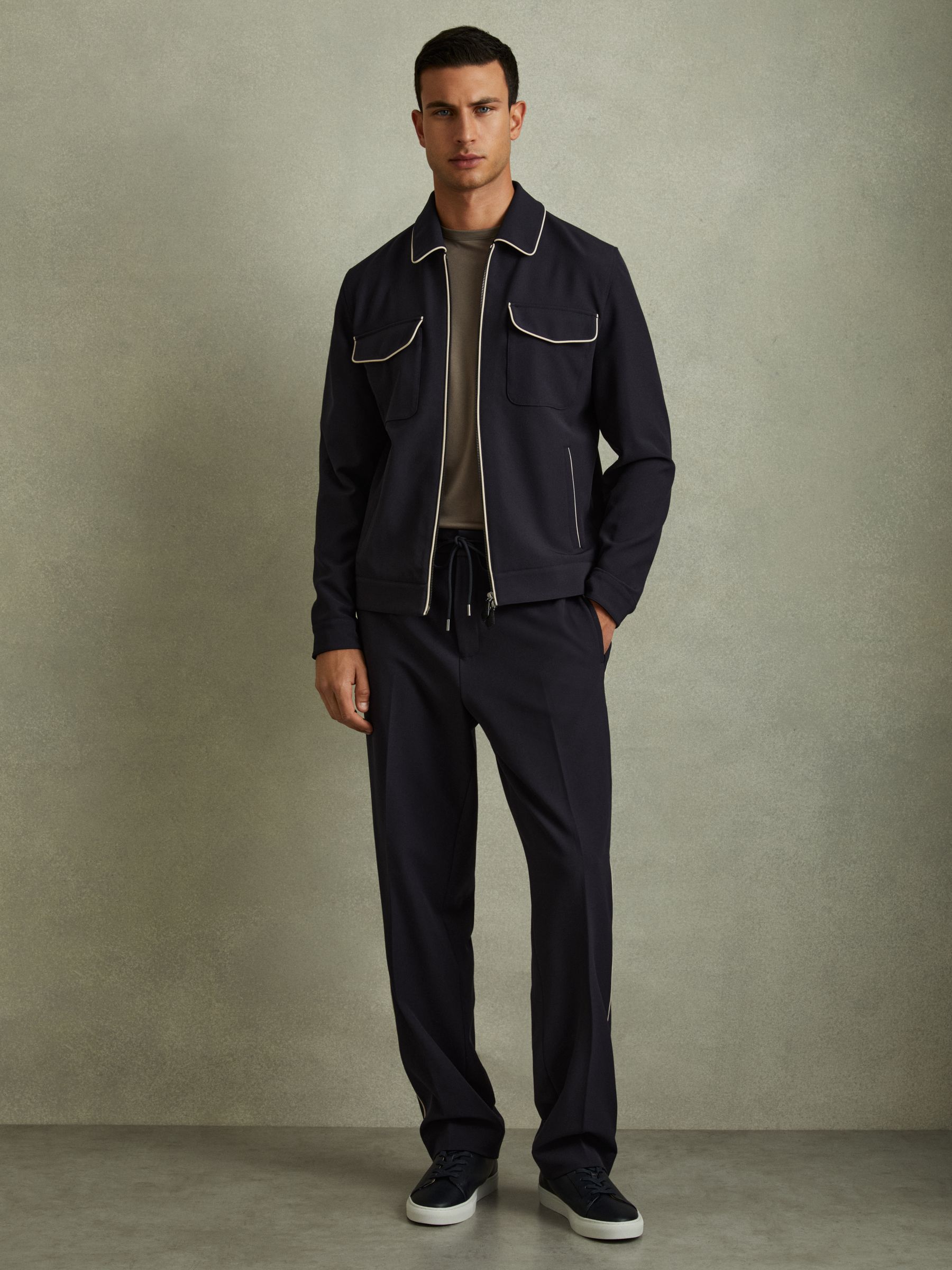 Reiss Relaxed Contrast Pipe Detail Jacket in Navy/Ivory Stripe - REISS