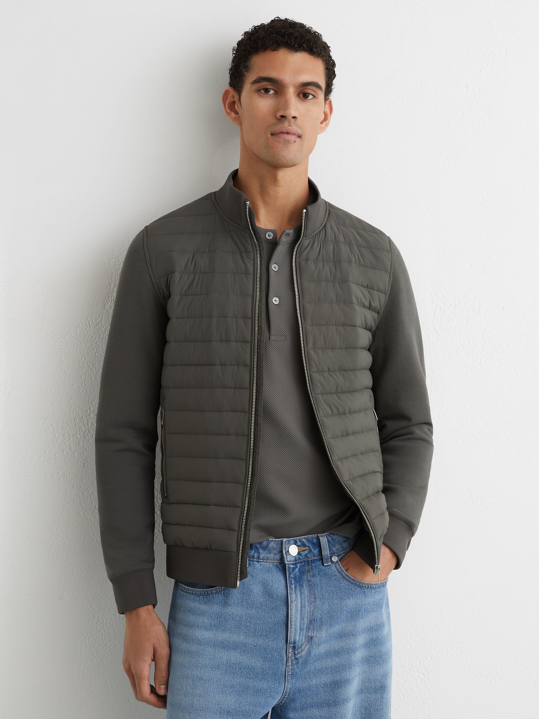 Reiss Interlock Hybrid Funnel-Neck Jacket in Sage - REISS