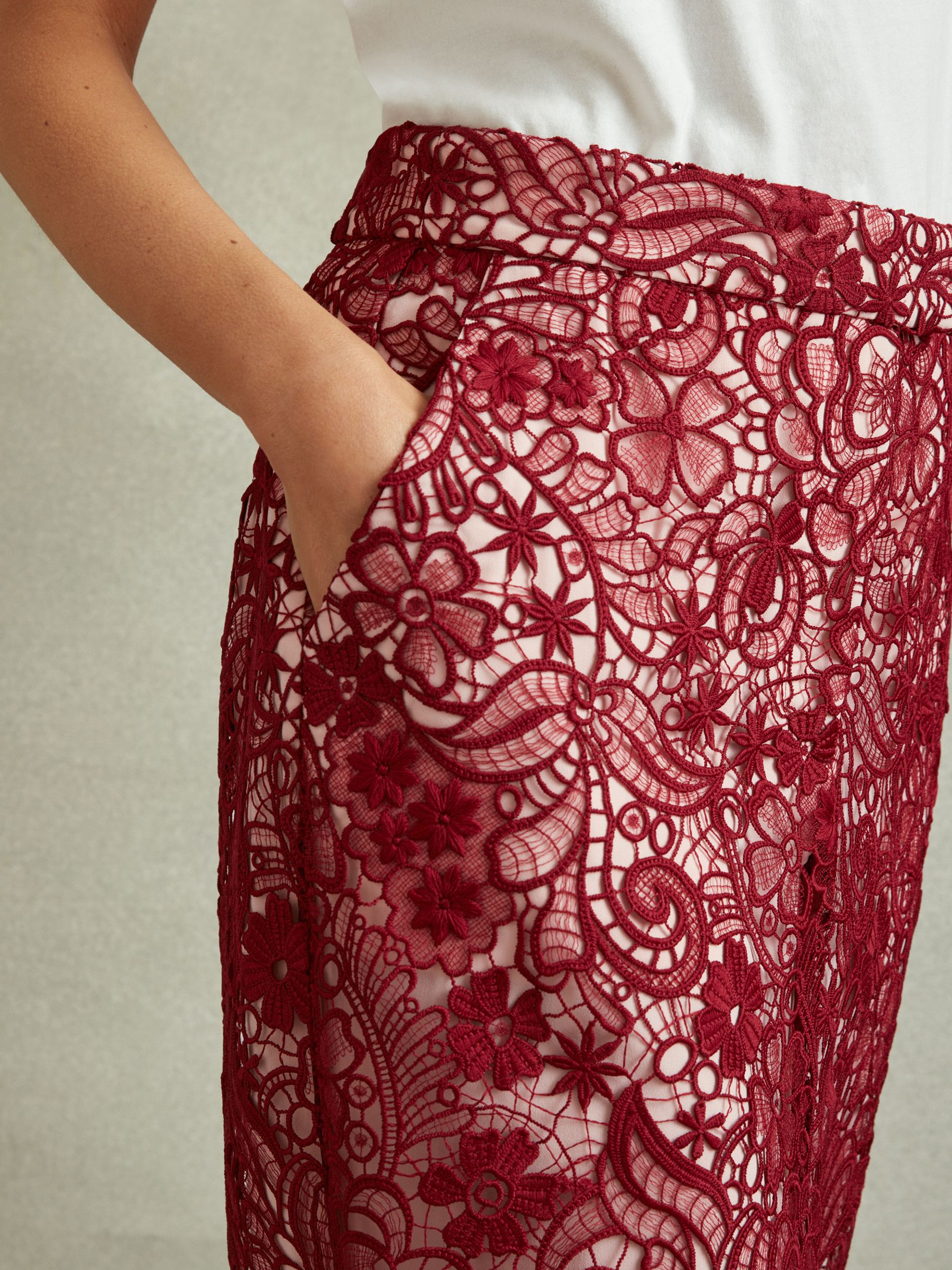Reiss Sheer Lace Midi Pencil Skirt in Burgundy | REISS