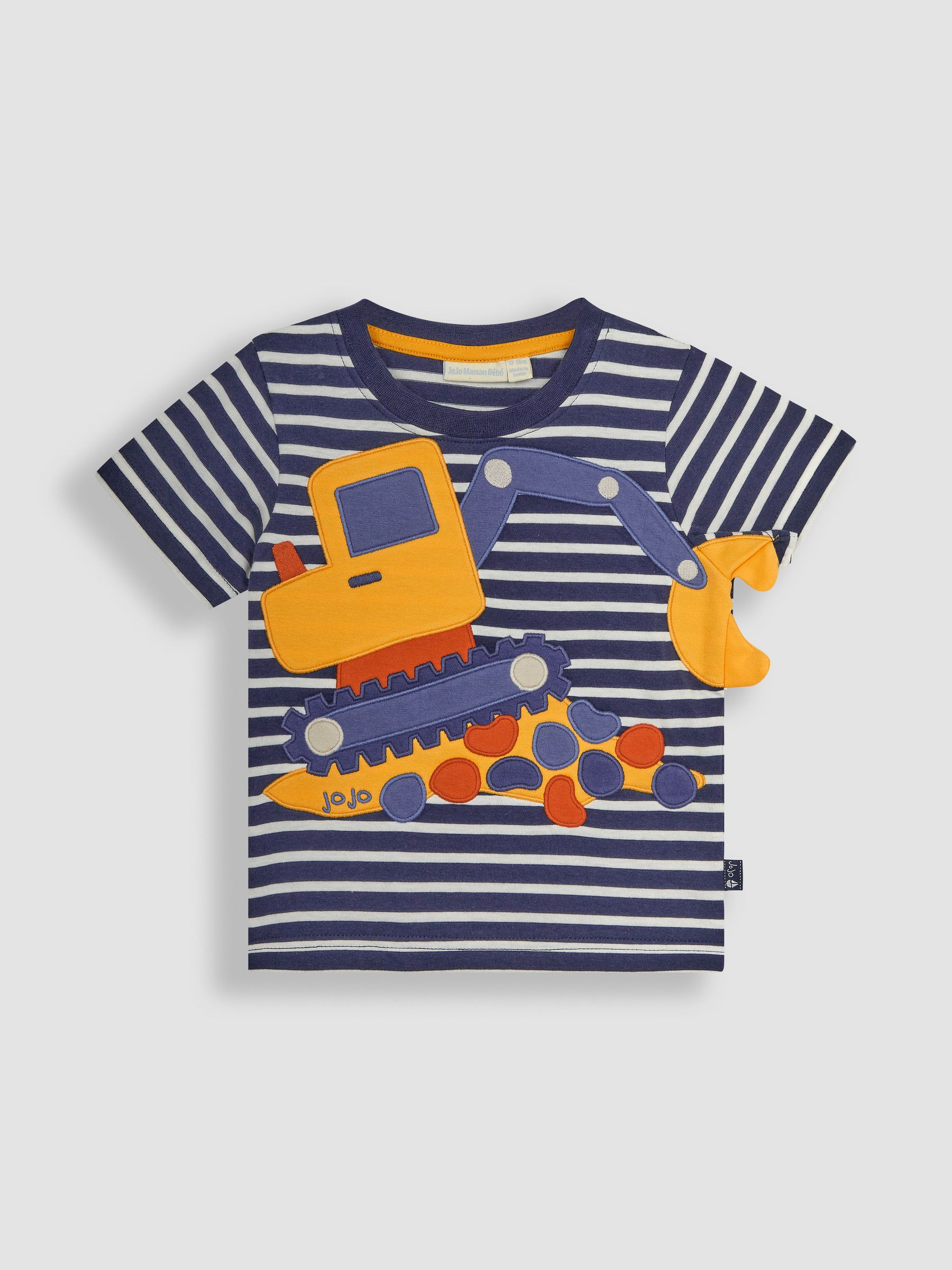 Navy Ecru Stripe Digger Novelty Appliqué T-Shirt | JoJo Maman Bébé