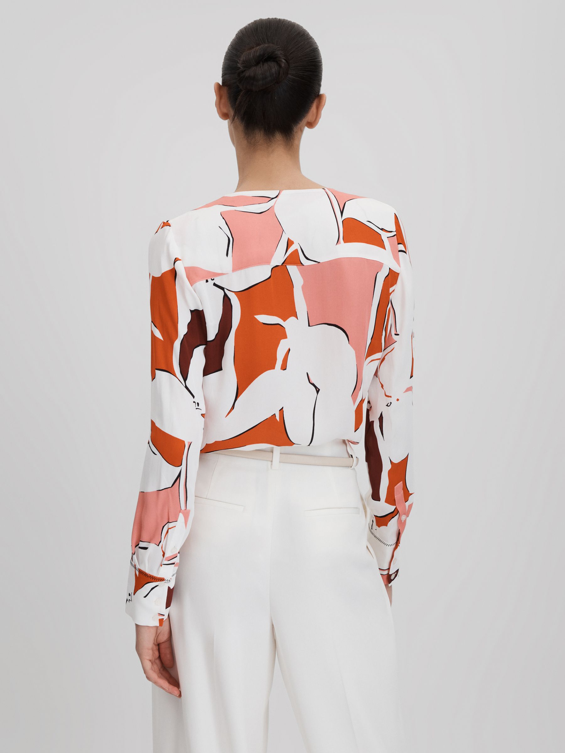 Reiss Printed Tie Neck Blouse in Cream/Red - REISS