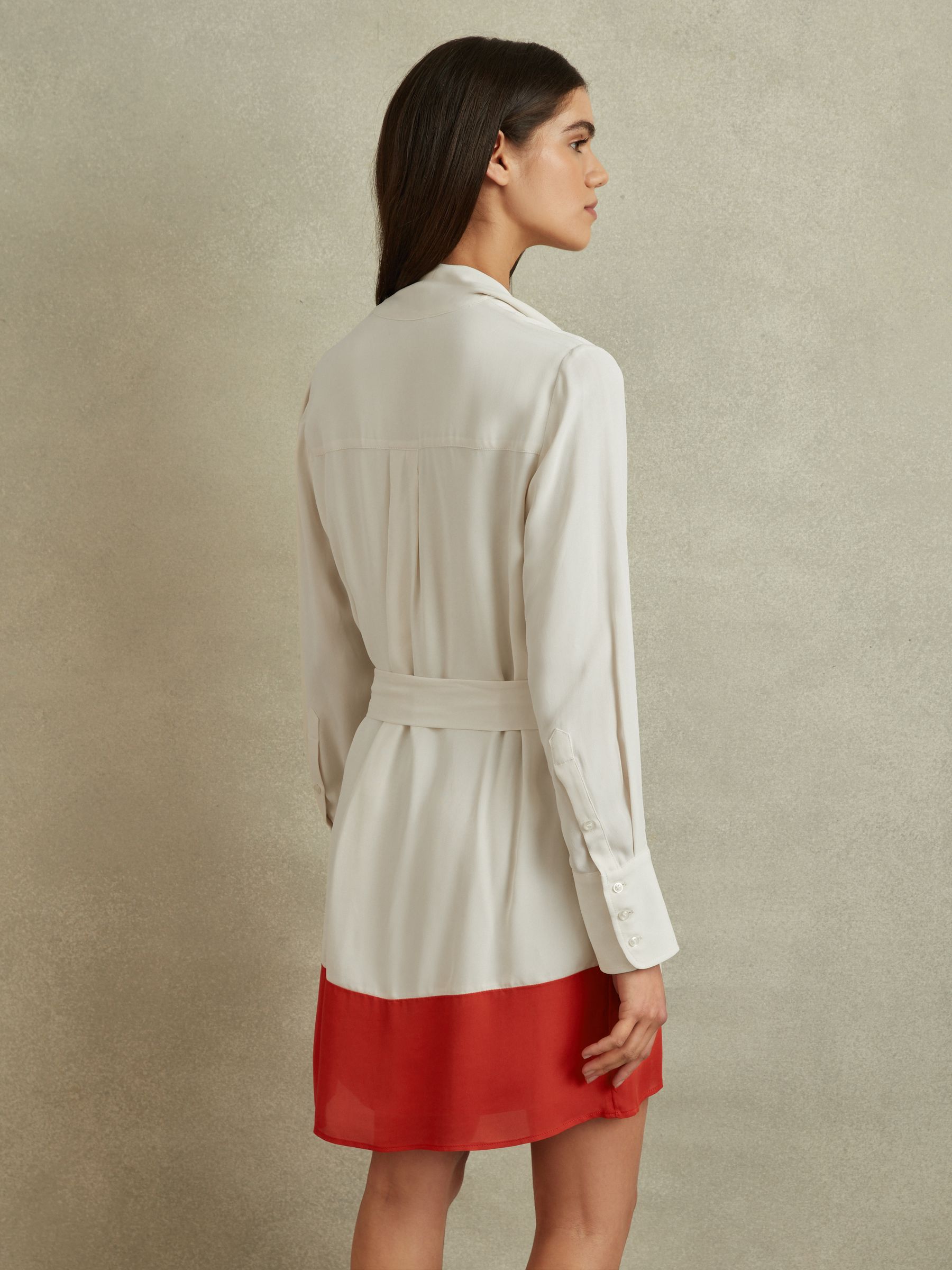 Reiss Tie Neck Shift Dress in Cream/Red | REISS