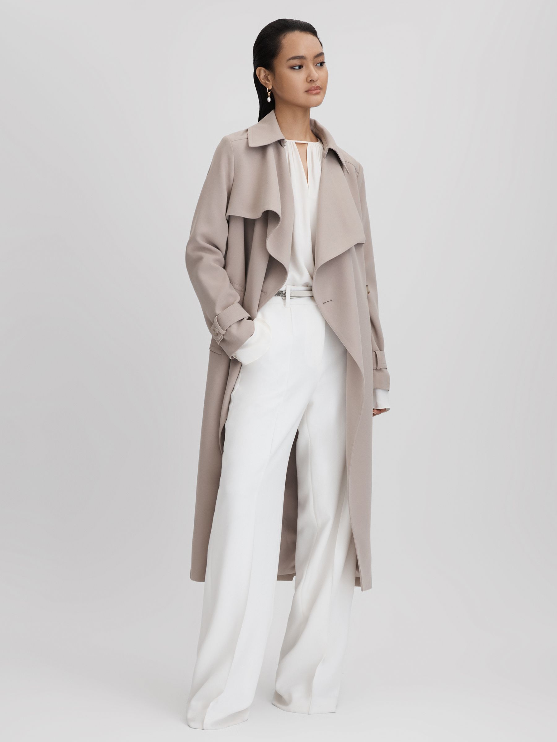 Reiss Double Breasted Belted Trench Coat in Mink Neutral | REISS