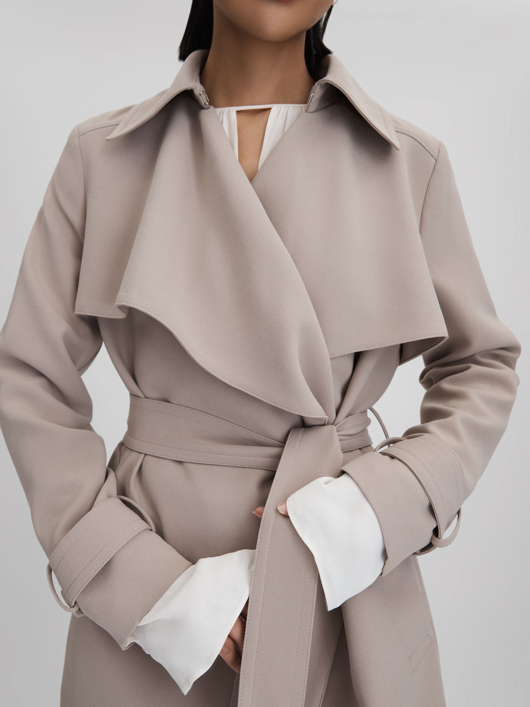 Reiss Double Breasted Belted Trench Coat in Mink Neutral | REISS