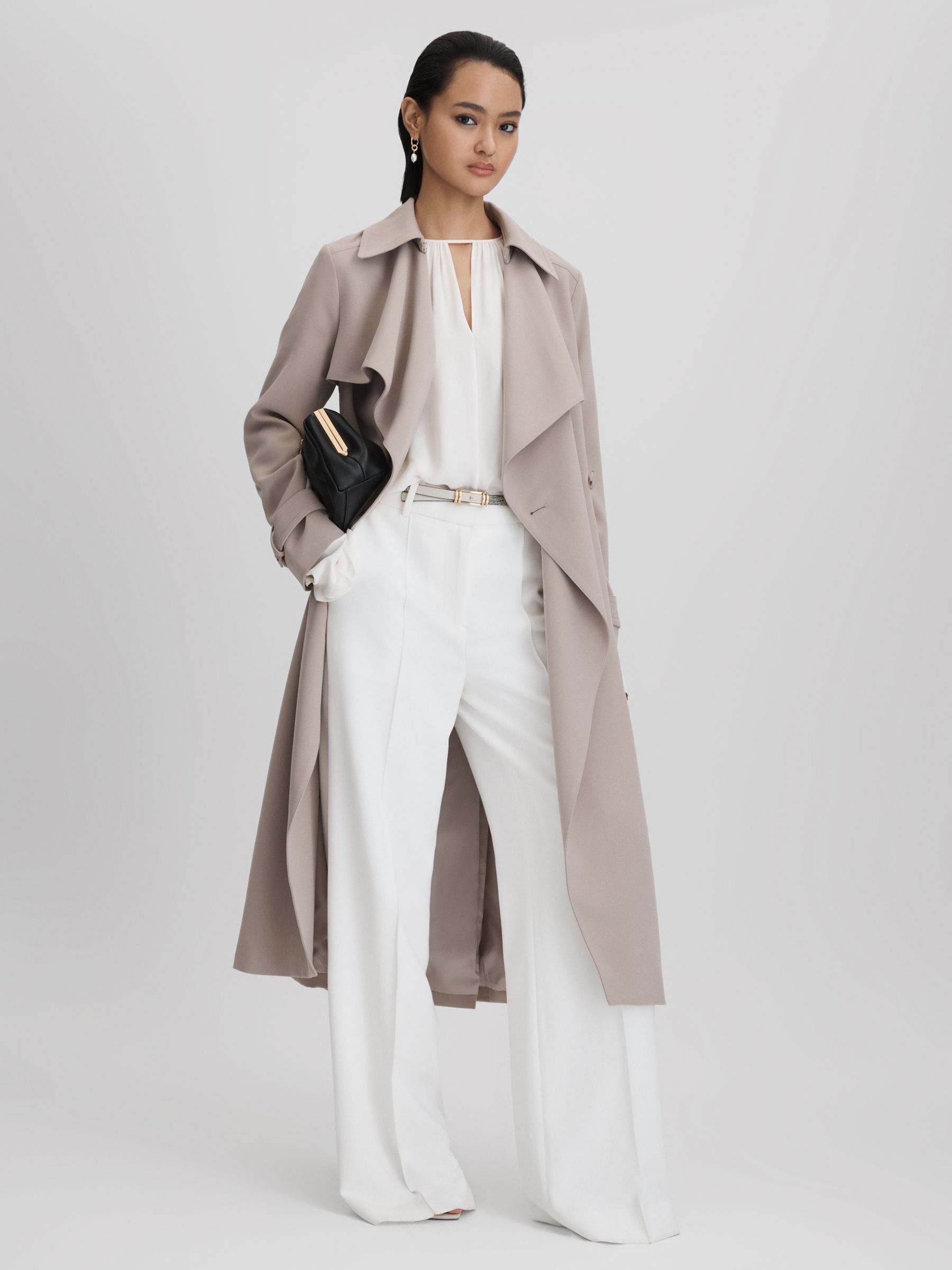 Reiss Double Breasted Belted Trench Coat in Mink Neutral | REISS