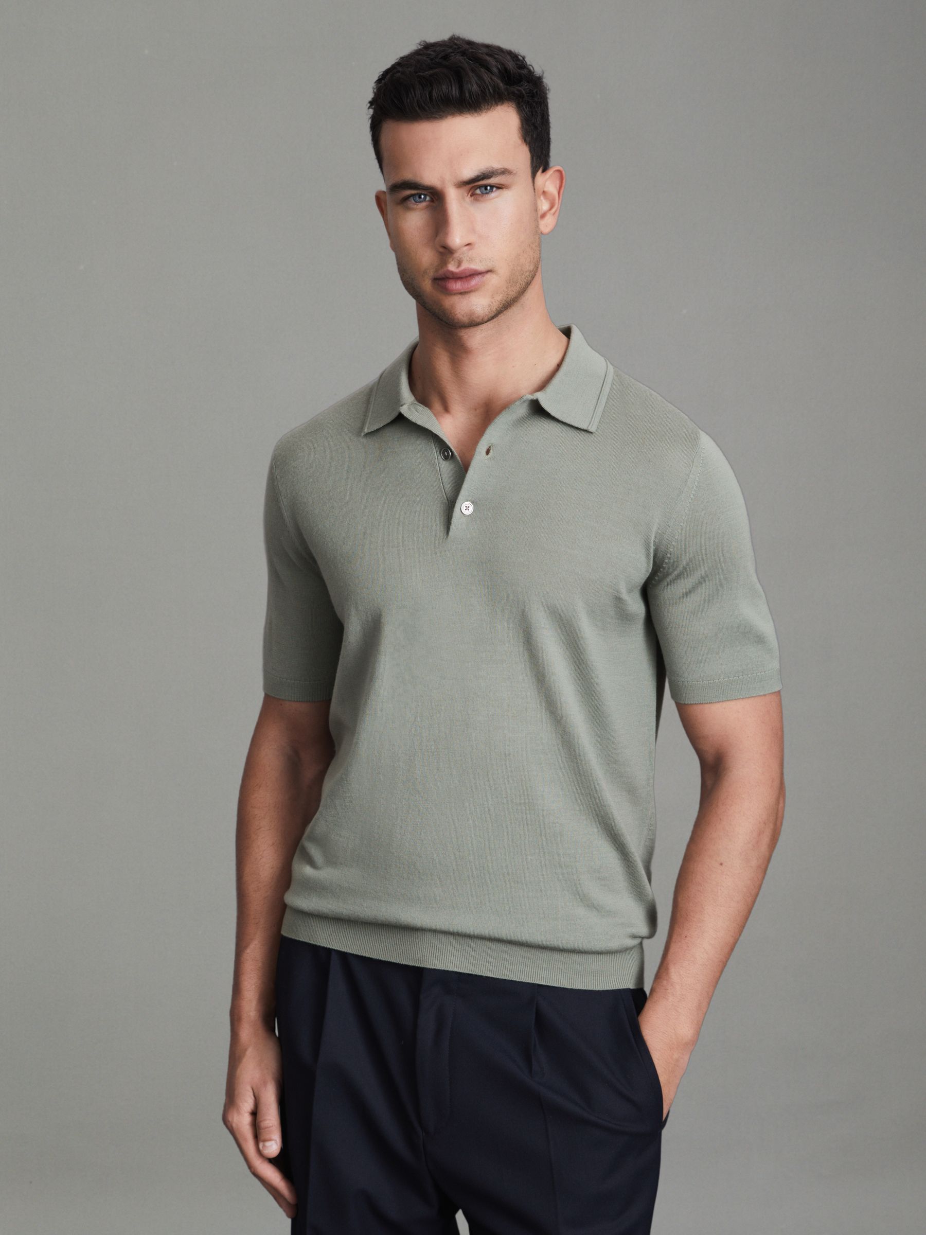 Reiss Merino Wool Polo Shirt in Pistachio - REISS