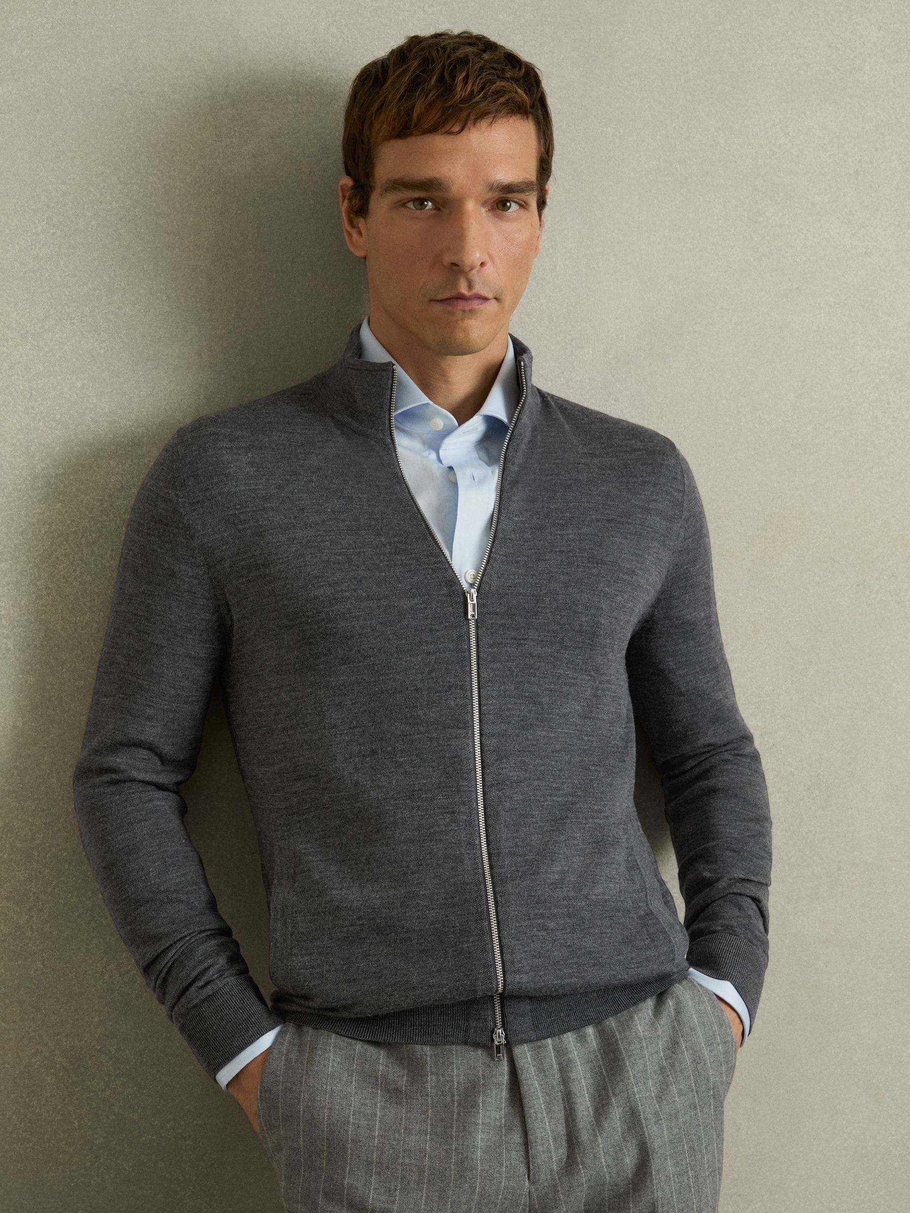 Reiss Wool Funnel-Neck Cardigan in Derby Grey Marl - REISS