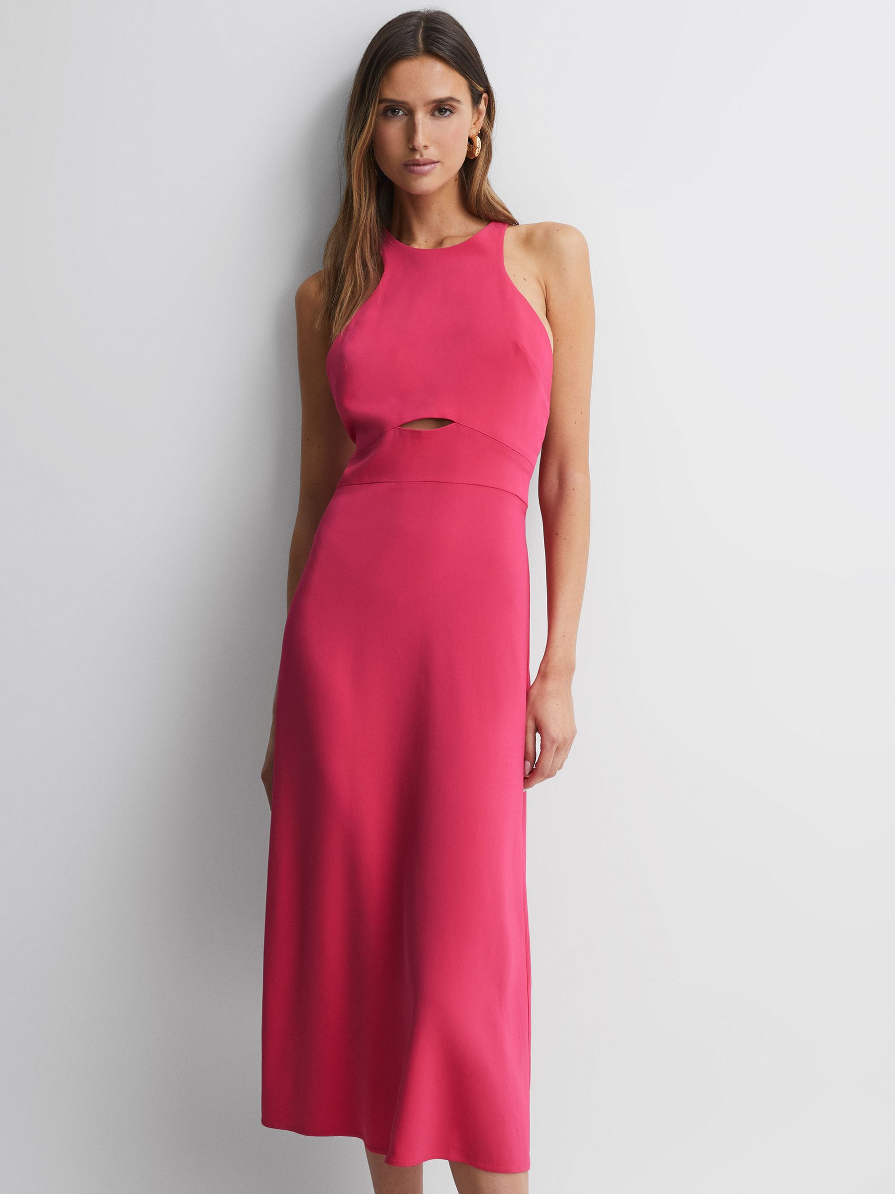 Reiss Halter Neck Cut Out Midi Dress in Pink - REISS