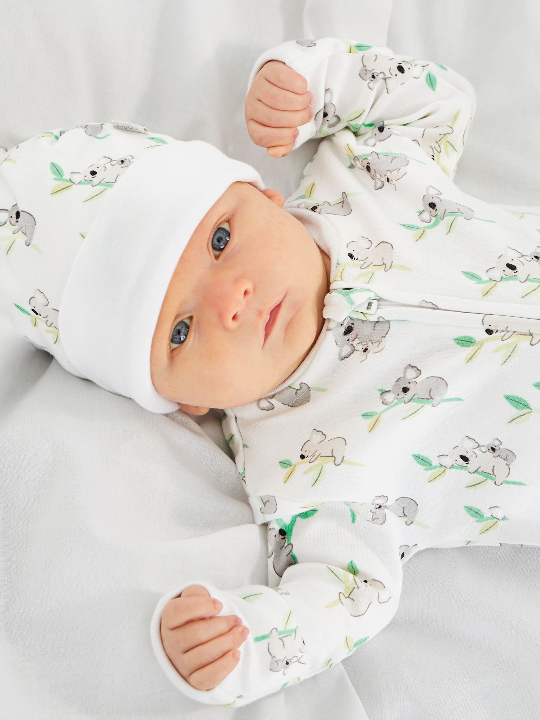 White Koala Print Zip Cotton Baby Sleepsuit | JoJo Maman Bébé