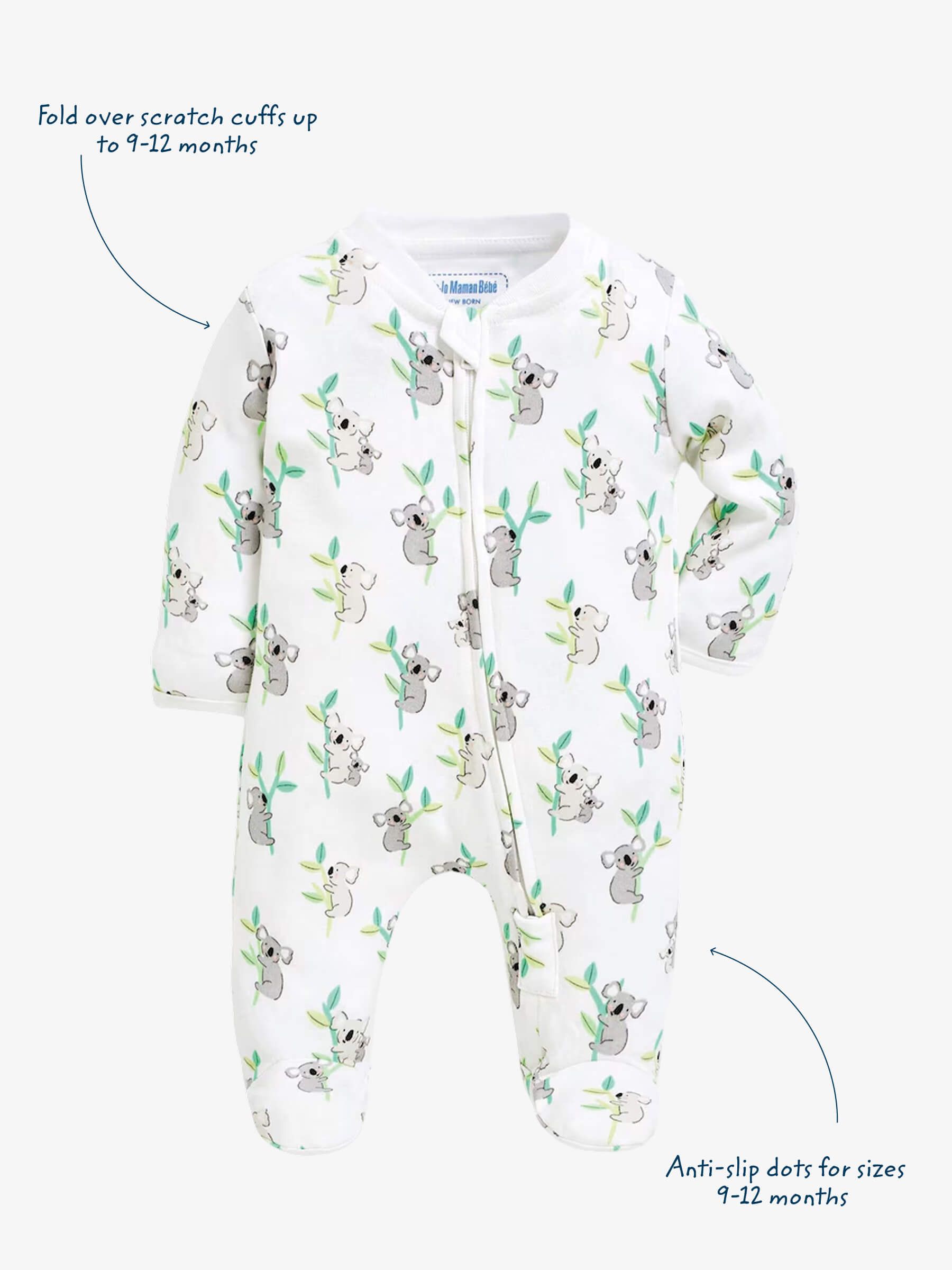 White Koala Print Zip Cotton Baby Sleepsuit | JoJo Maman Bébé