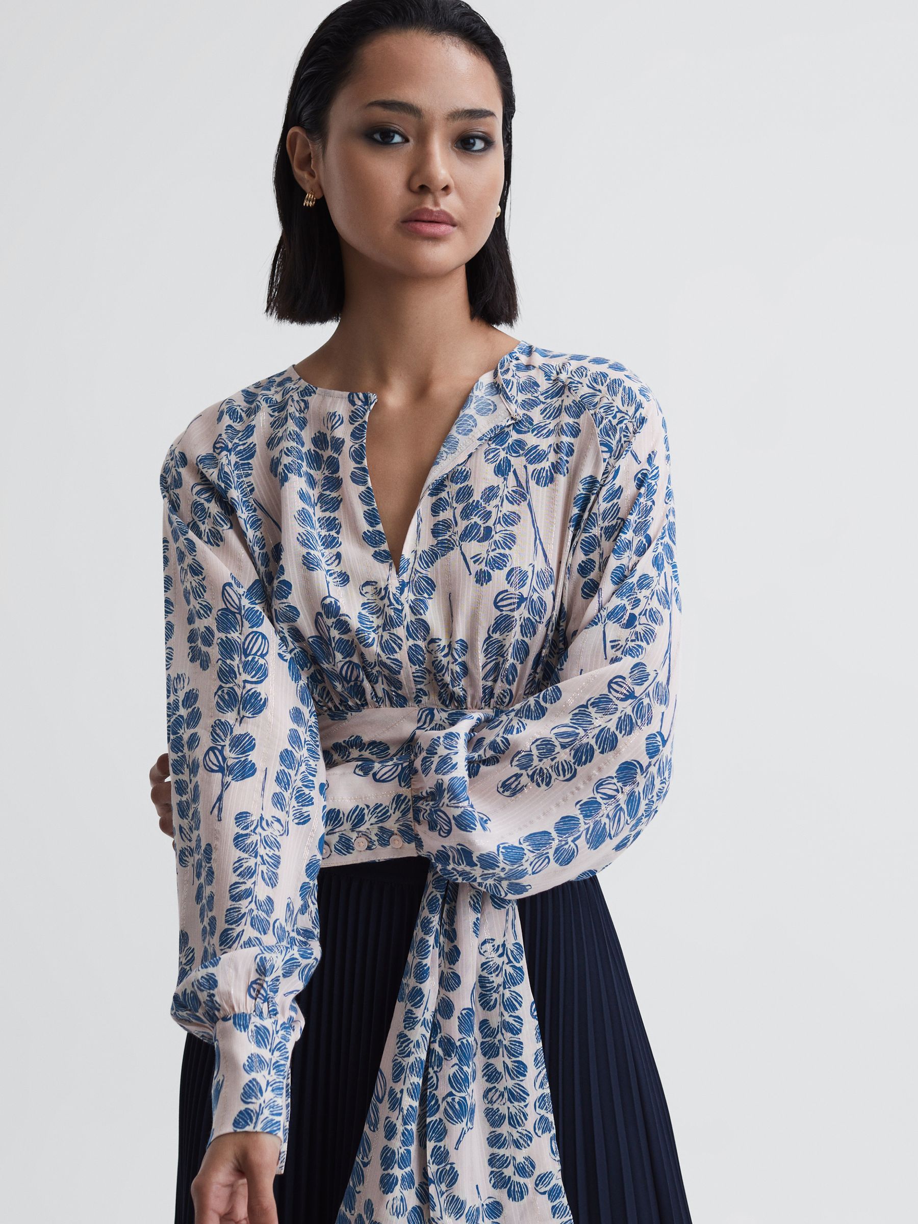 Reiss Cropped Printed Belted Blouse in Pink/Blue - REISS