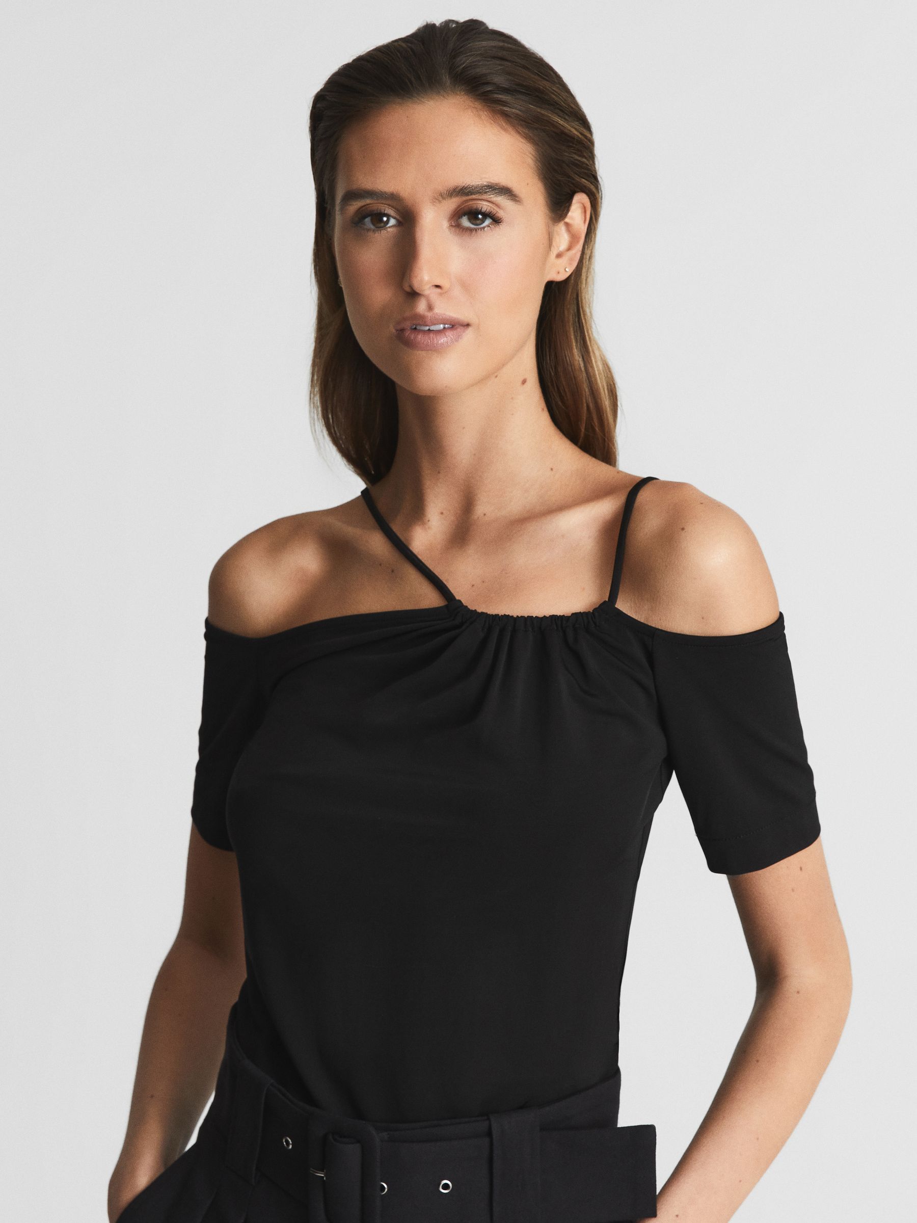Reiss Off-Shoulder Strap Top in Black | REISS