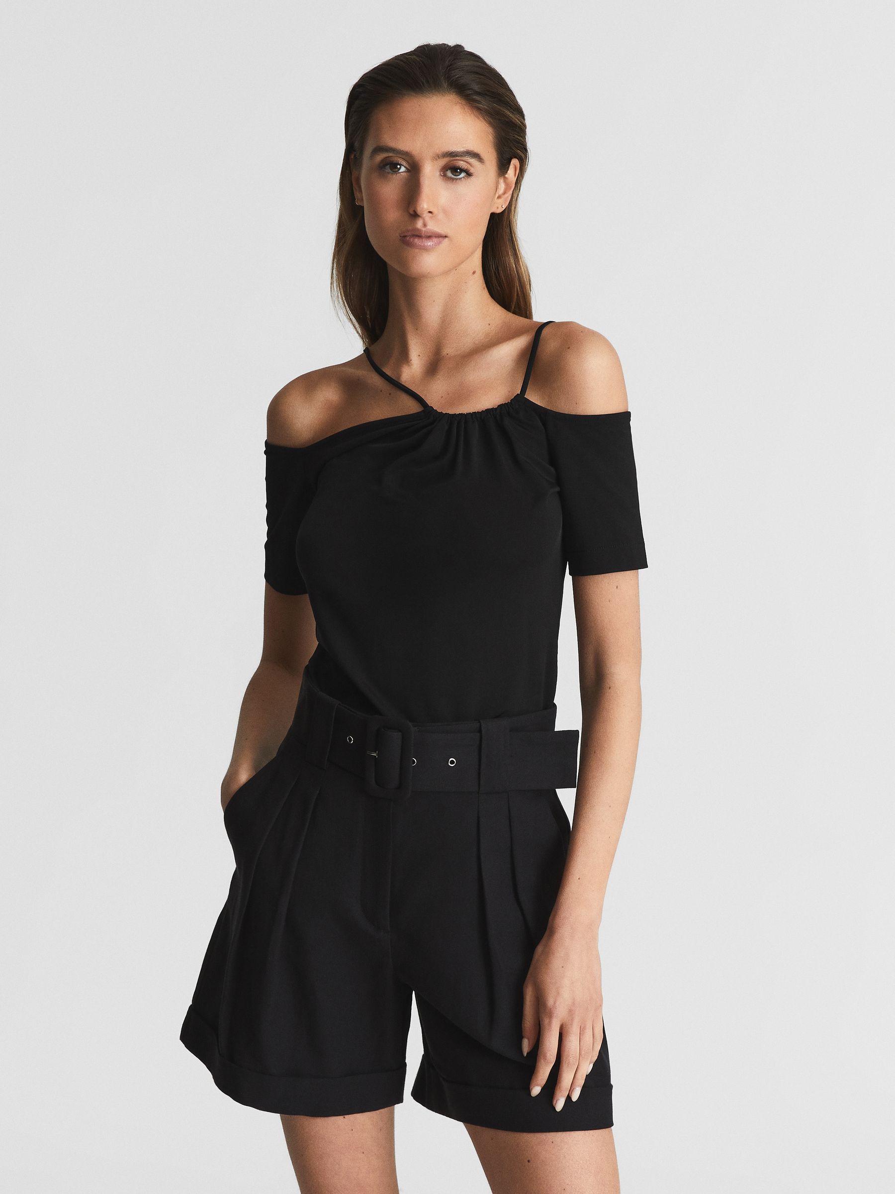 Reiss Off-Shoulder Strap Top in Black | REISS