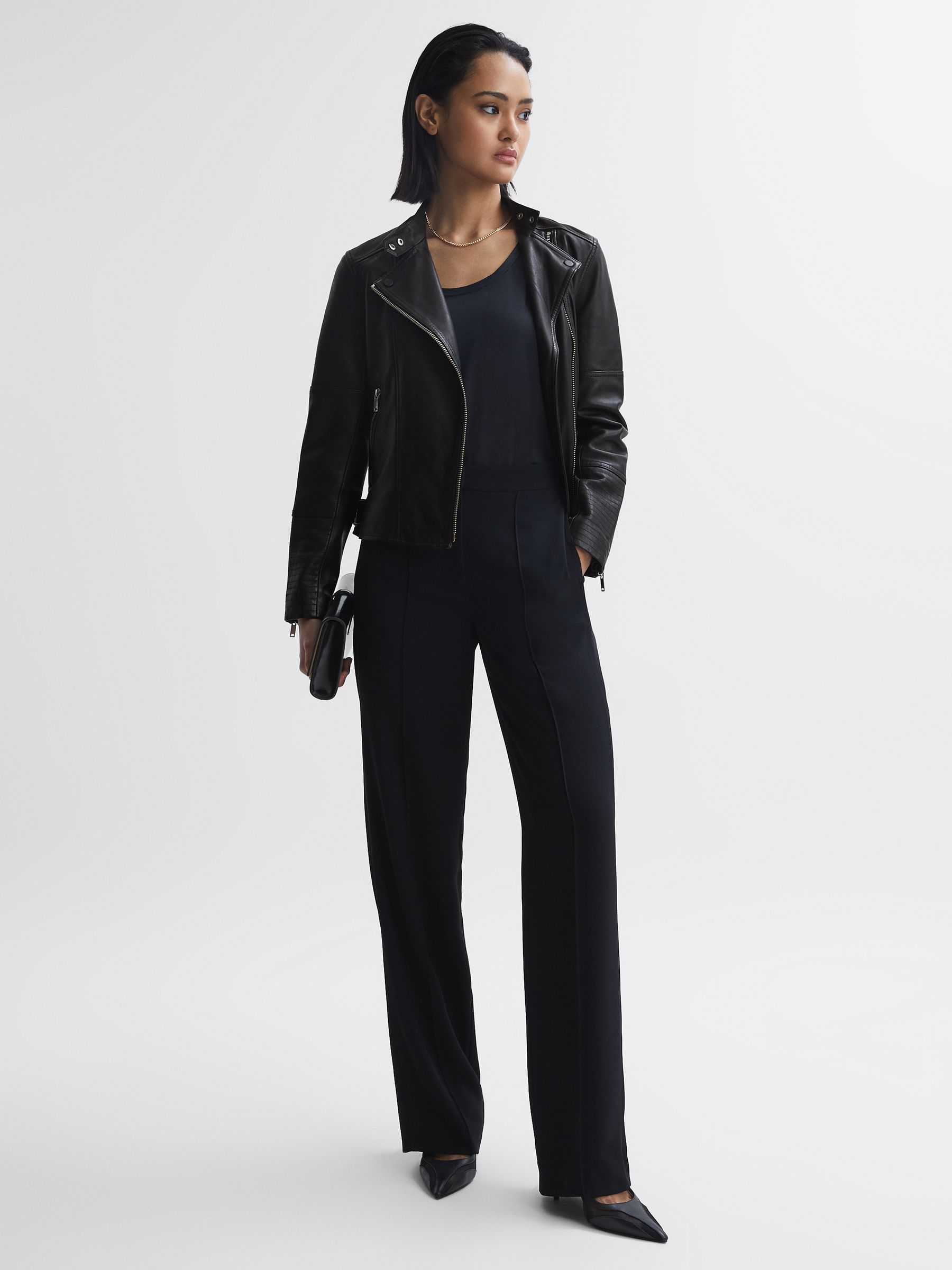 Reiss Leather Biker Jacket in Black | REISS