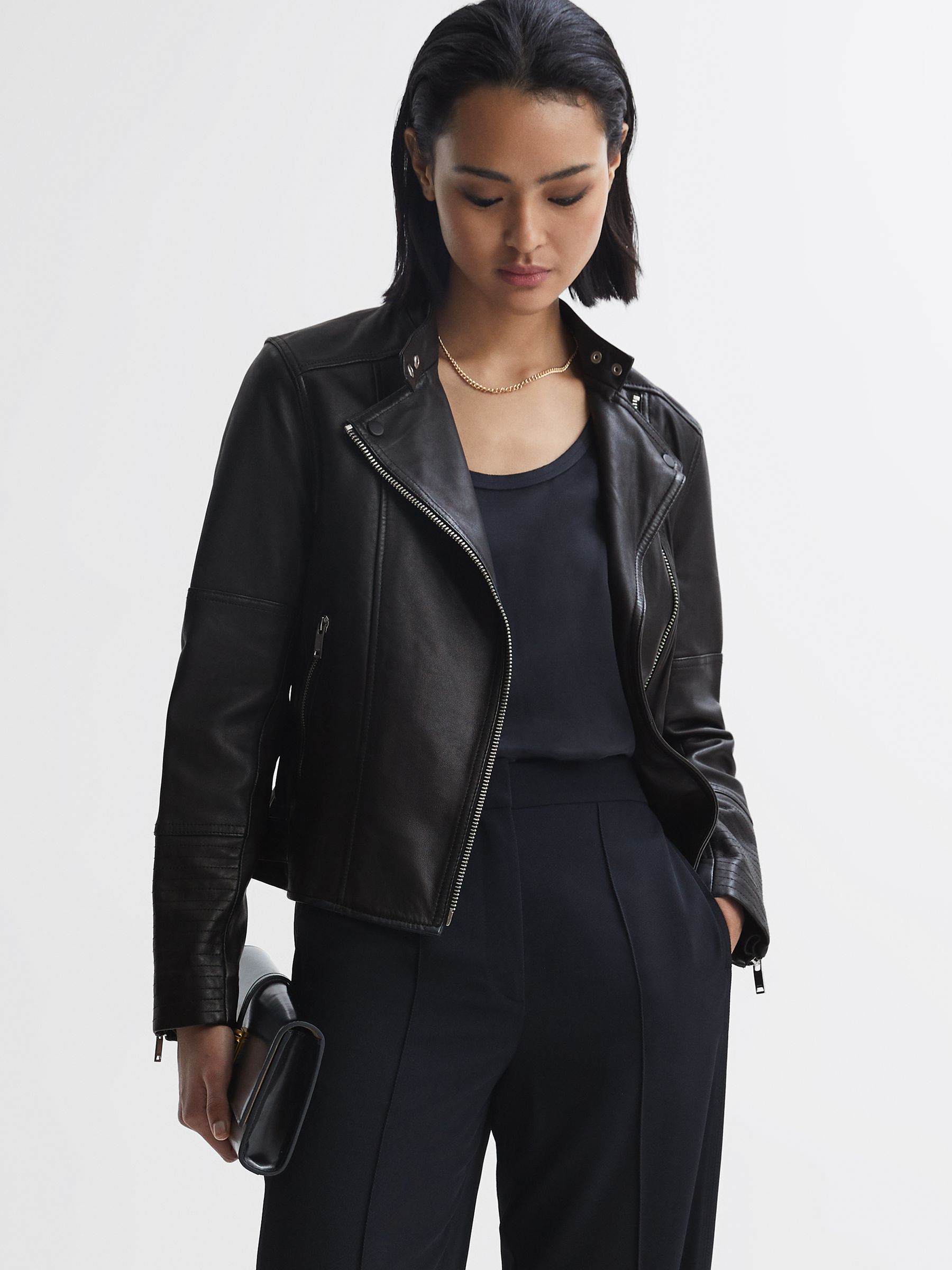 Reiss Leather Biker Jacket in Black - REISS