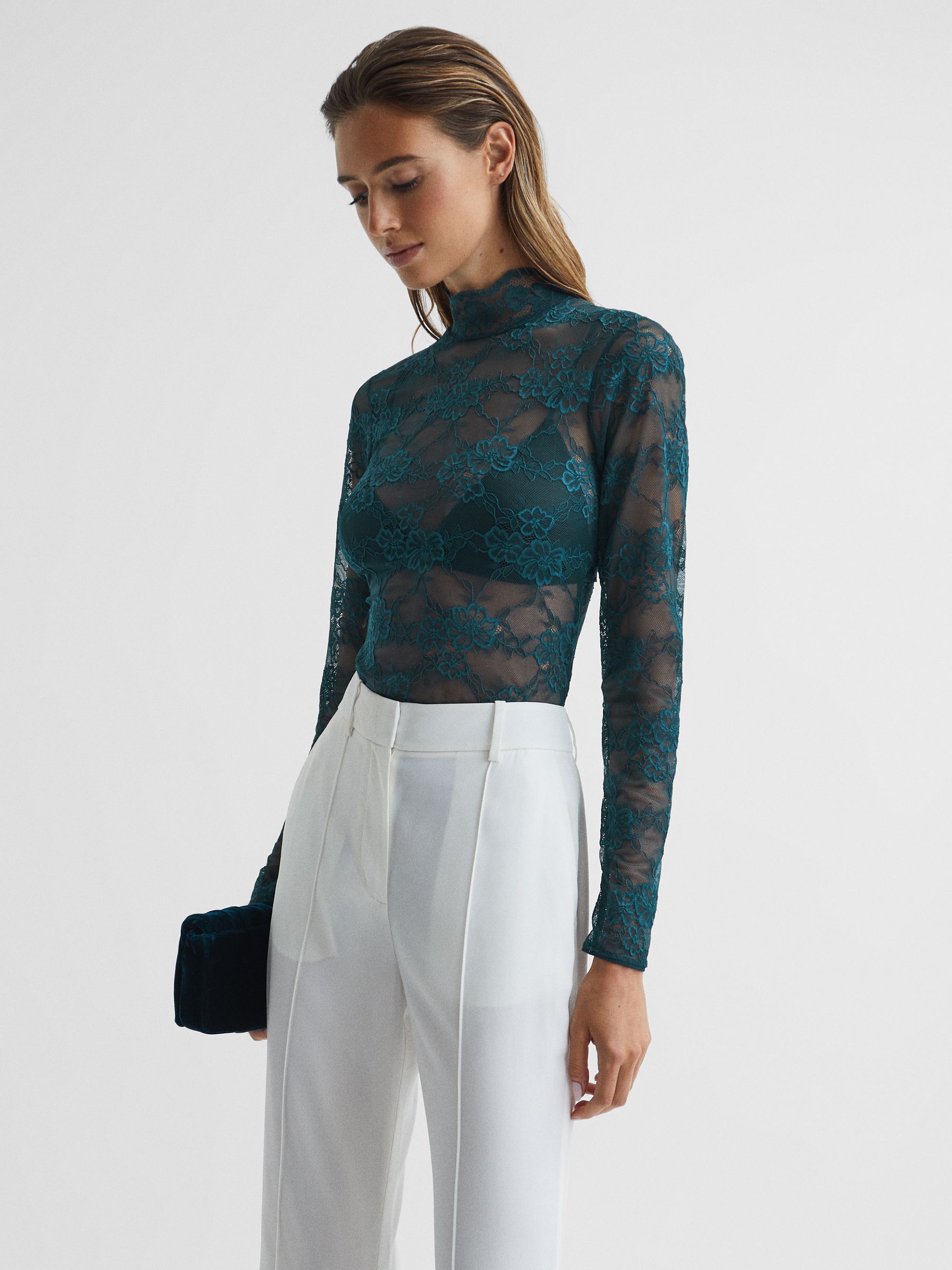 Reiss Lace High Neck Top in Green | REISS