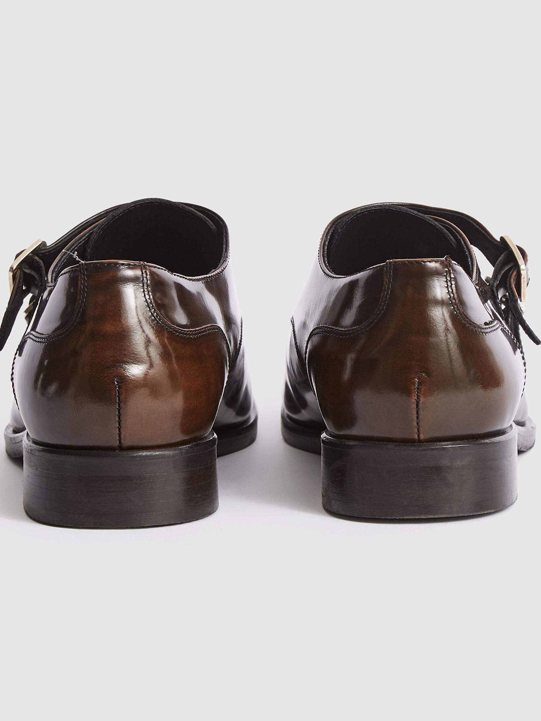 Reiss High Shine Leather Monk Strap Shoes in Brown - REISS