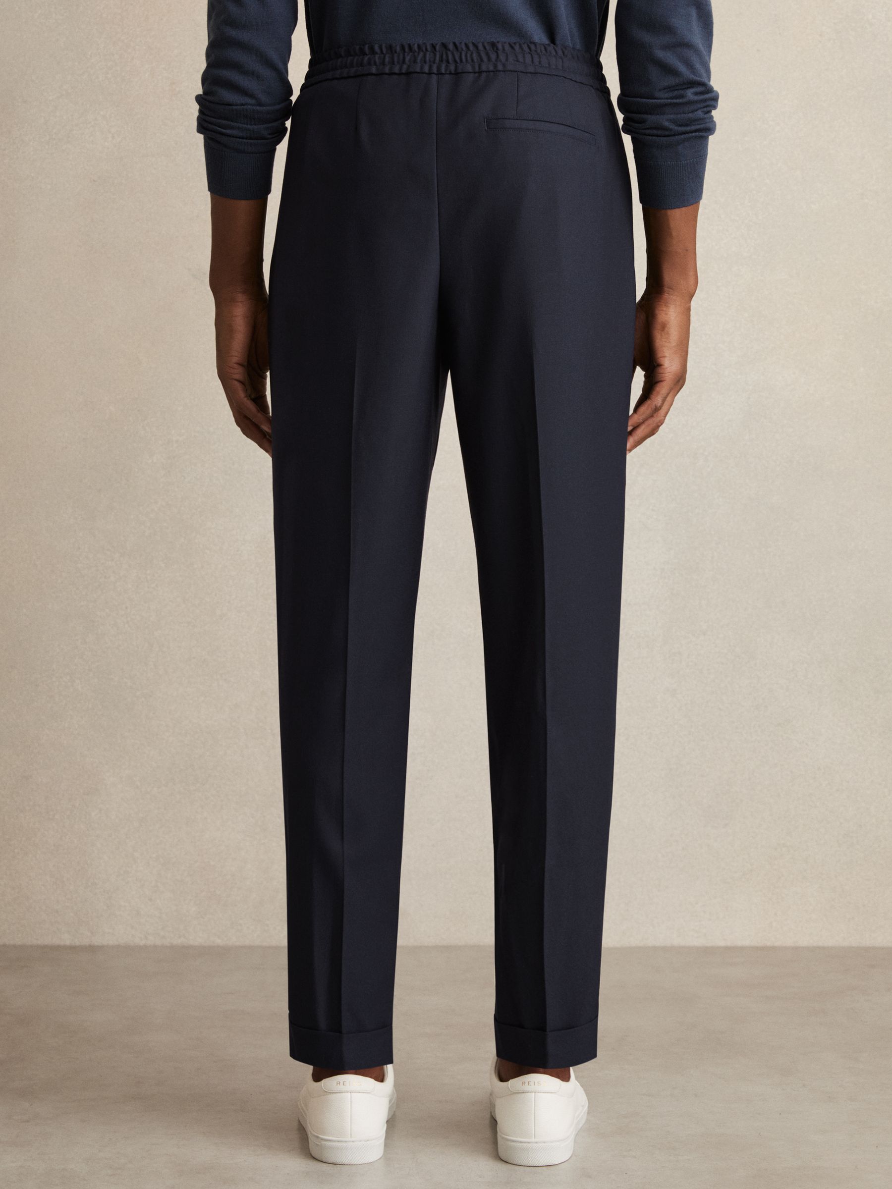 Reiss Relaxed Drawstring Trousers with Turn-Ups in Navy - REISS