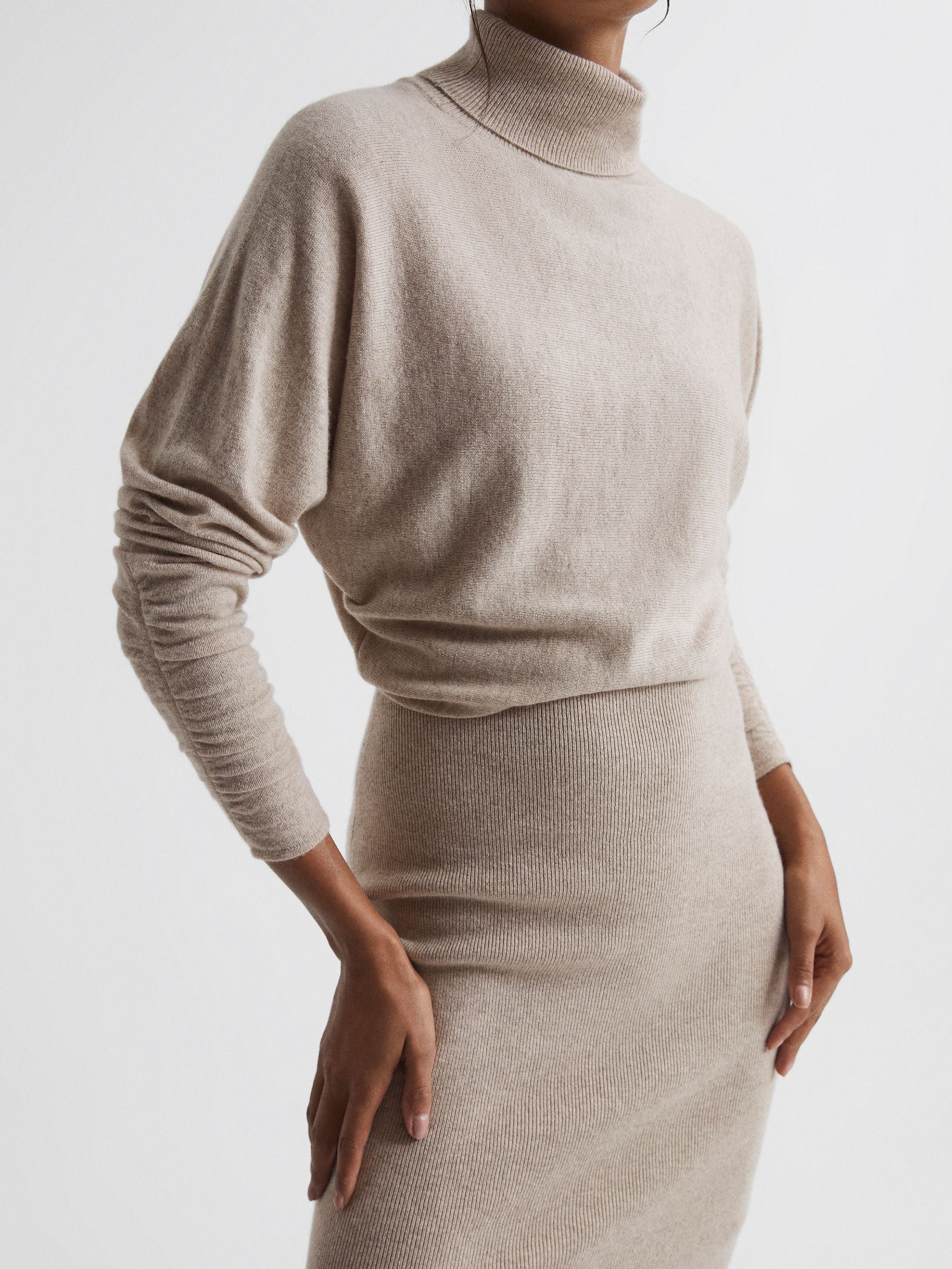 Reiss Wool Blend Roll Neck Dress in Oatmeal - REISS