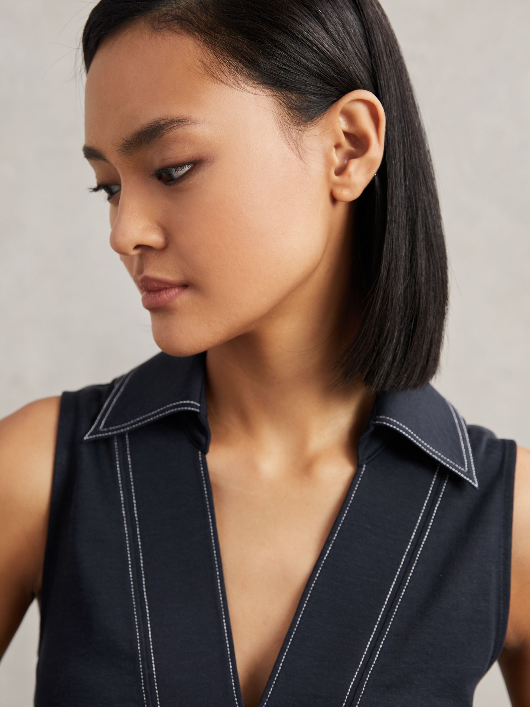 Reiss Cotton-Blend Collared Sleeveless Top in Navy/Ivory | REISS