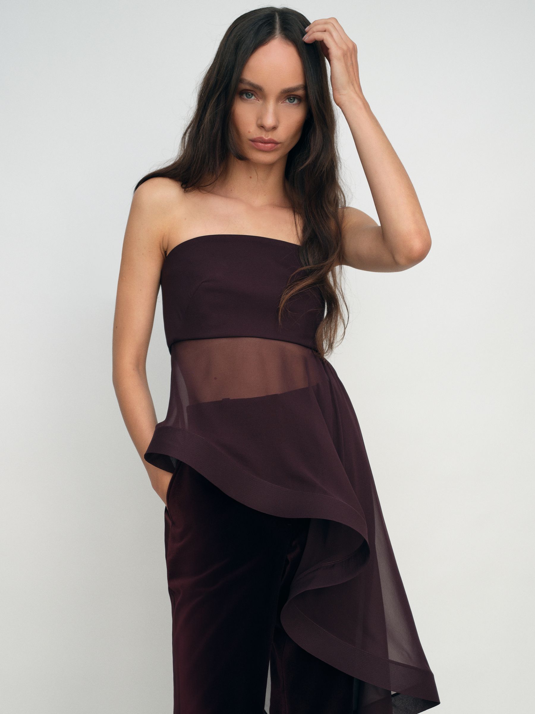 Reiss Silk Asymmetric-Ruffle Bandeau Top in Burgundy | REISS