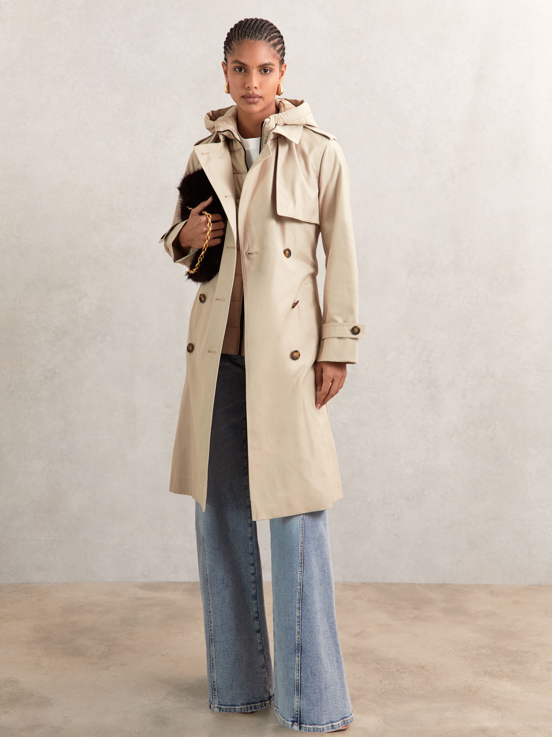 Reiss Petite Hooded Insert Trench Coat in Stone | REISS