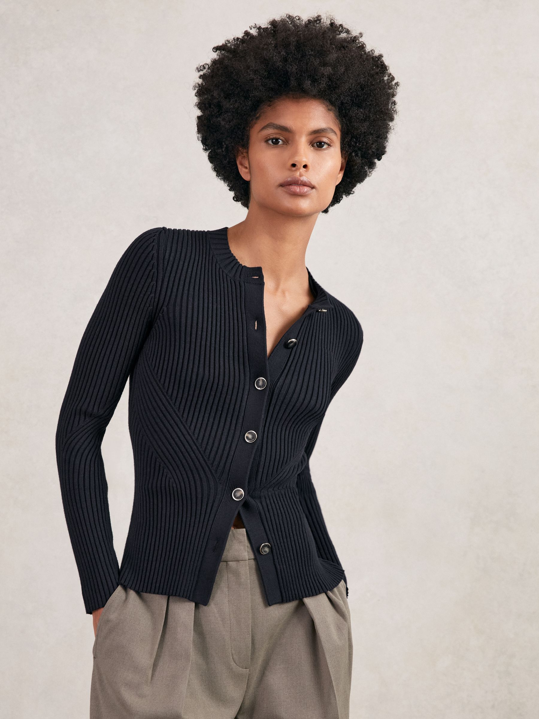 Reiss Button Front Knit Cardigan in Navy | REISS