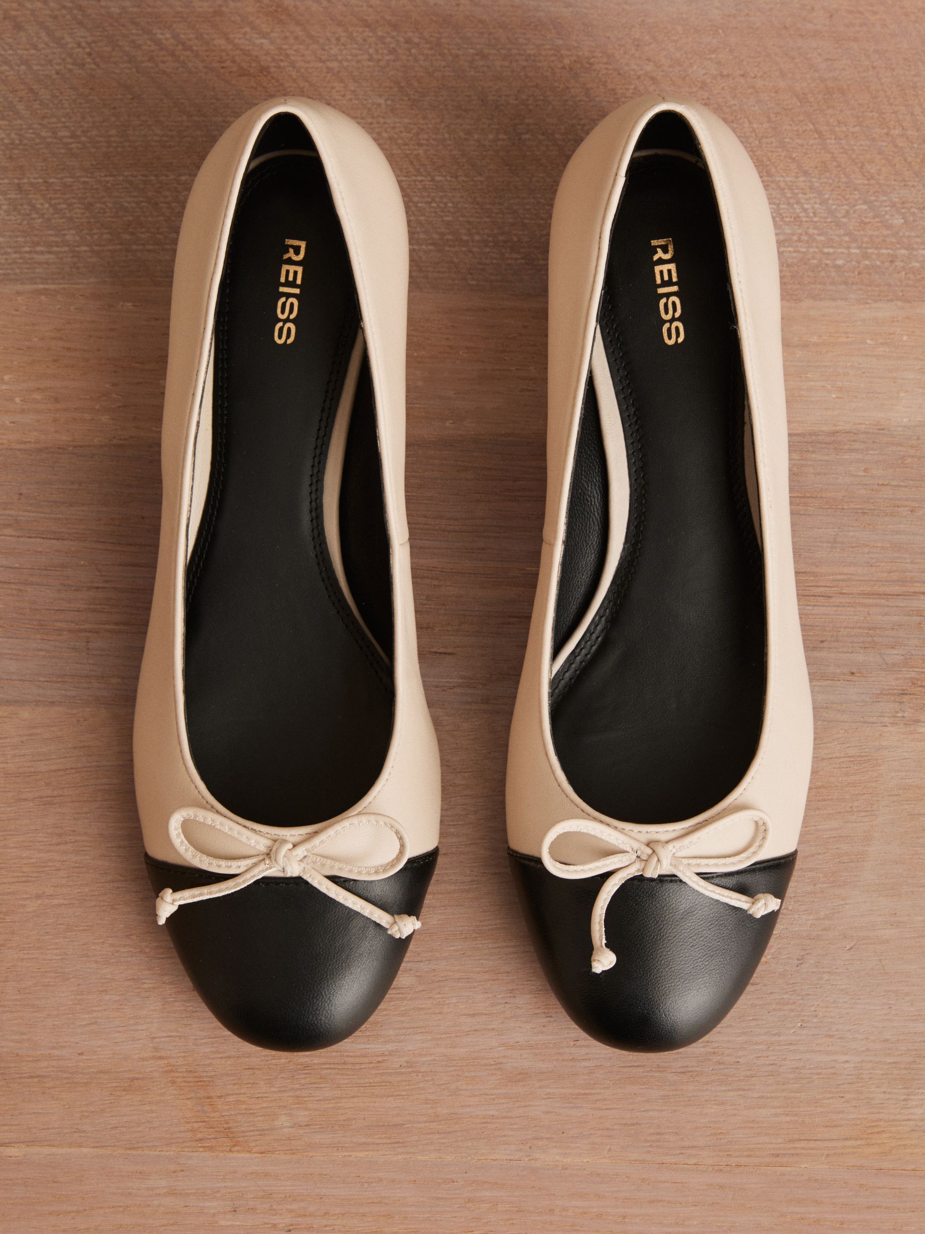 Reiss Leather Block Heel Ballerina Shoes in White/Black | REISS