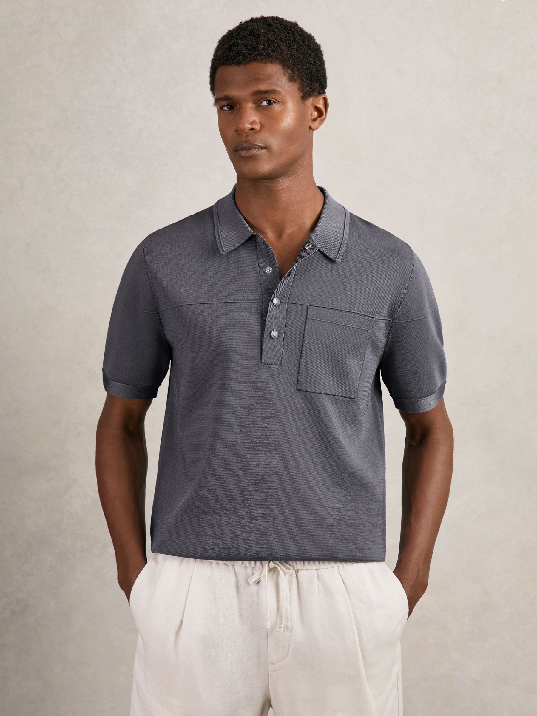 Reiss Press-Stud Seam-Detail Polo Shirt in Airforce Blue - REISS