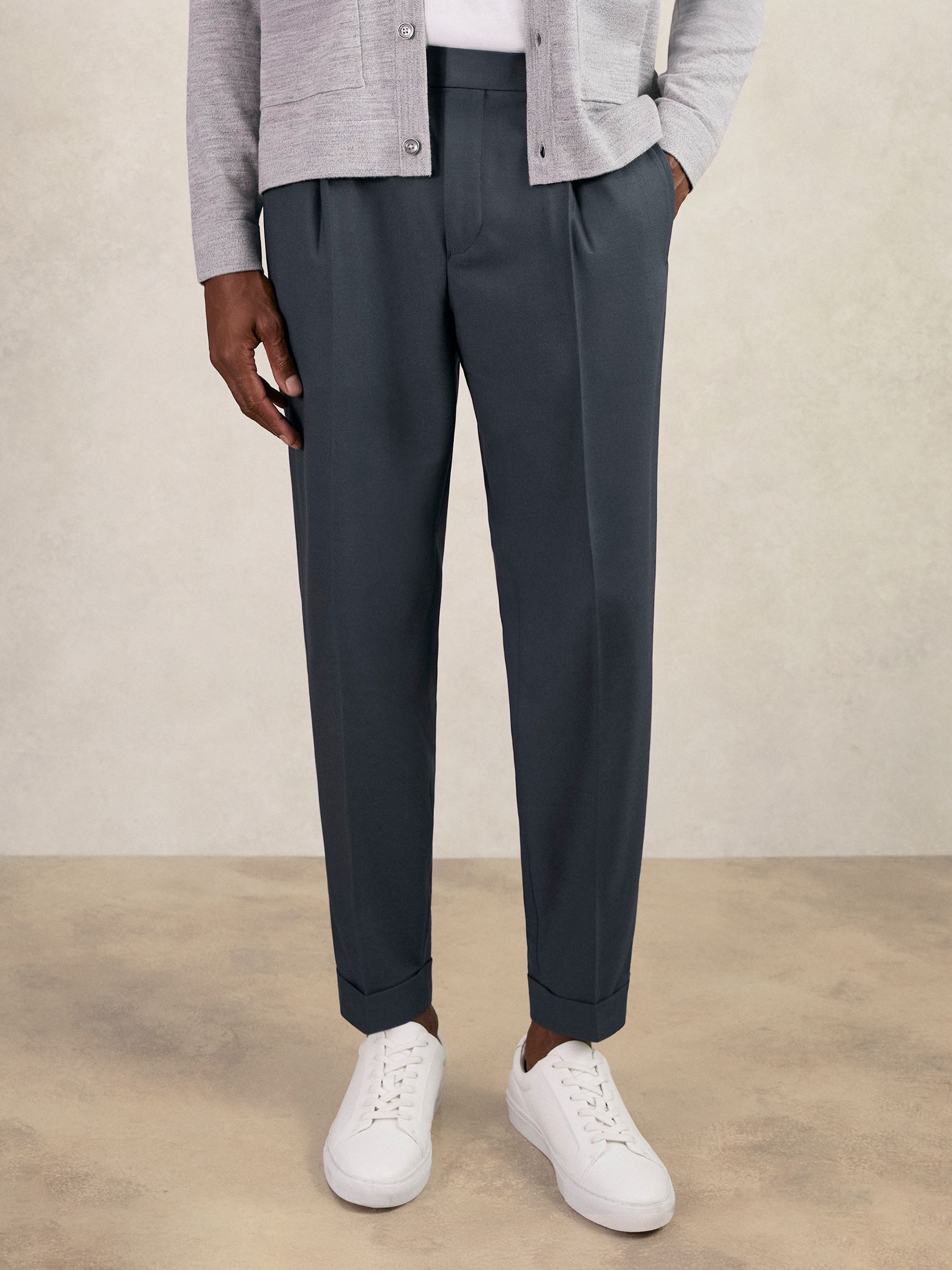 Reiss Relaxed Drawstring Trousers with Turn-Ups in Steel Blue - REISS