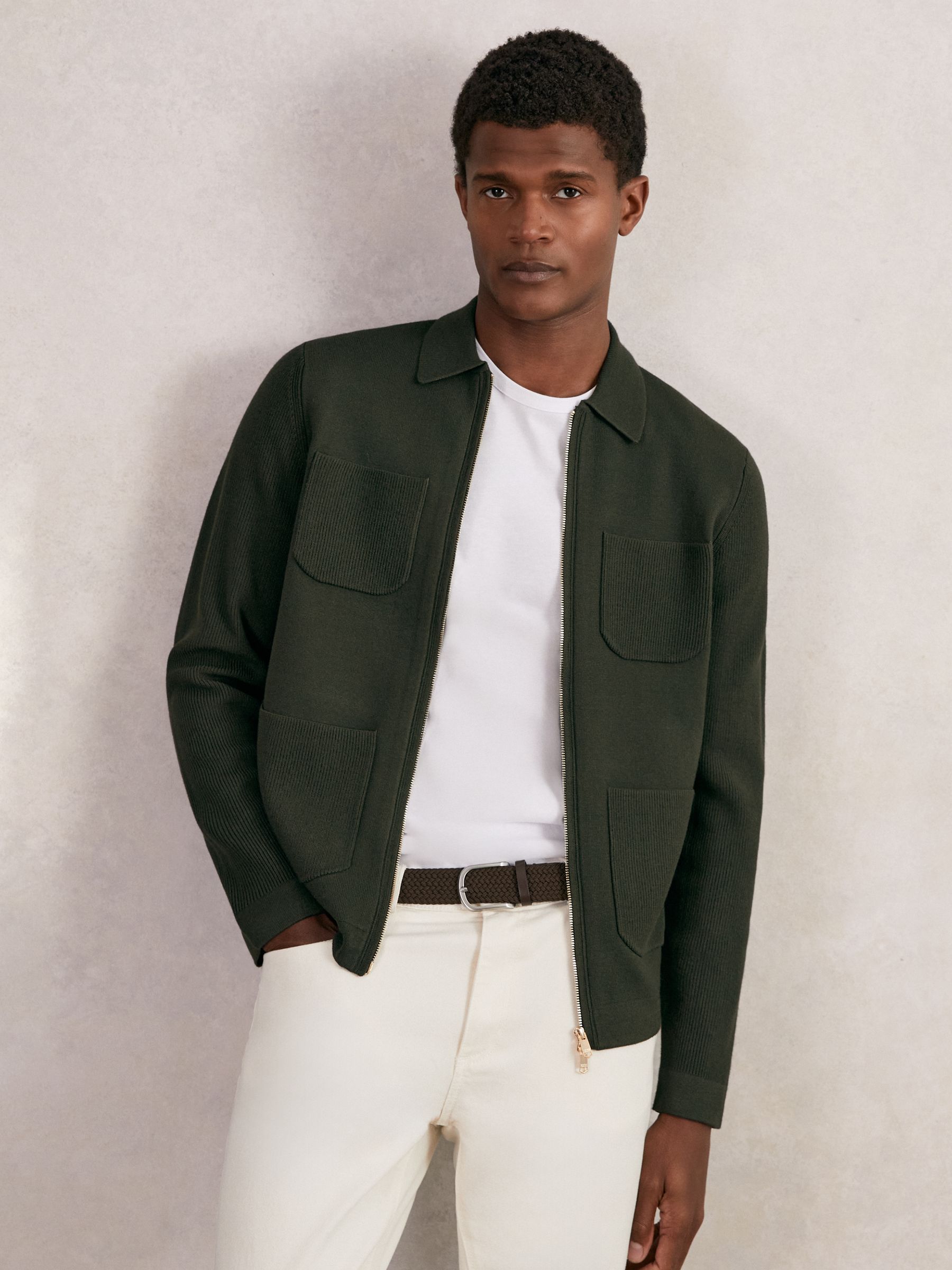 Reiss Four-Pocket Zip-Through Cardigan in Forest Green | REISS