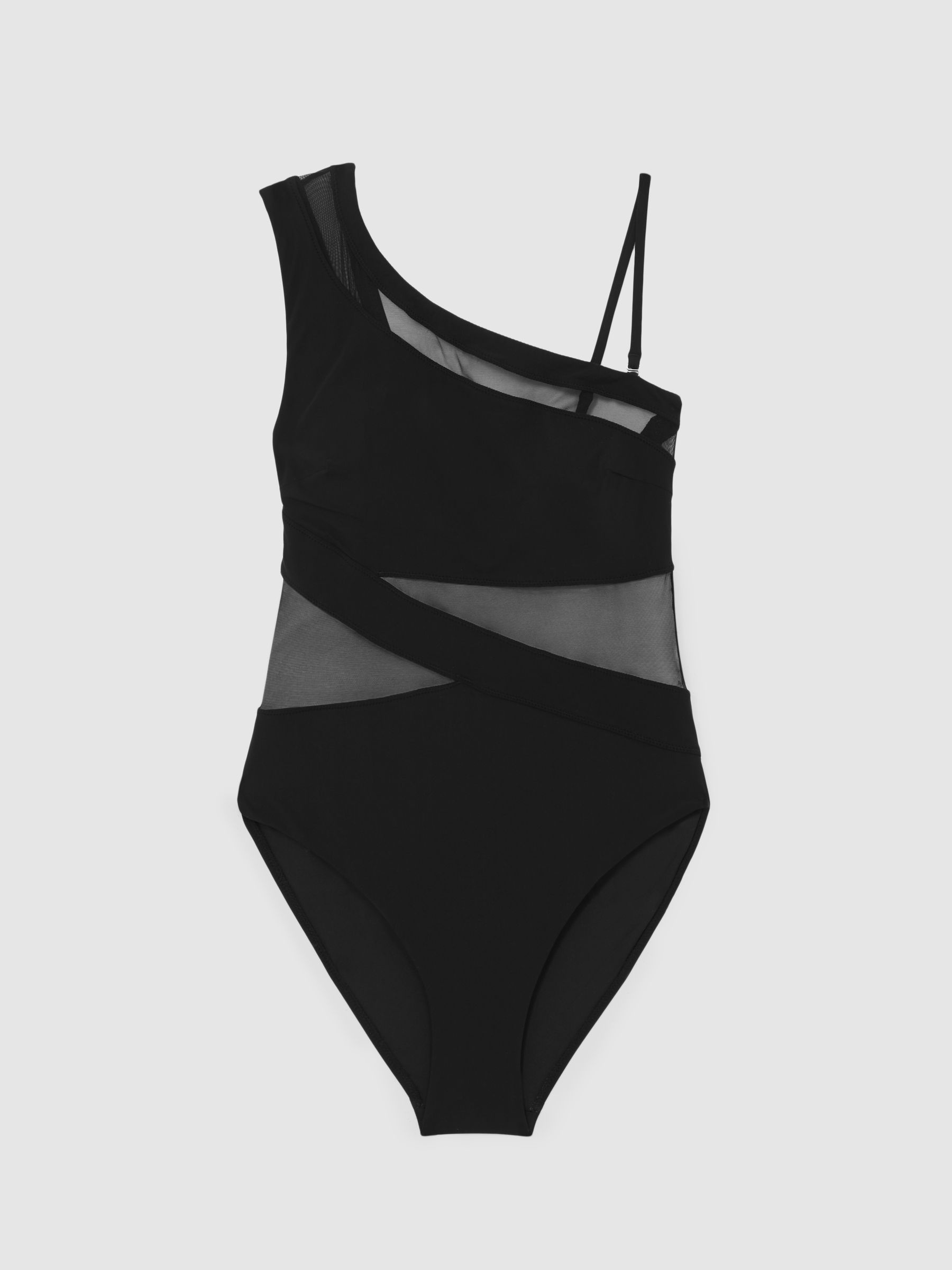 Reiss One Shoulder Mesh Panel Swimsuit in Black | REISS