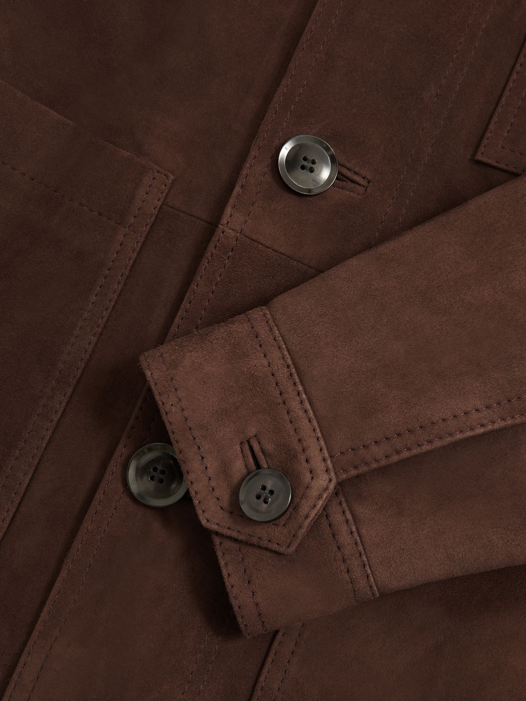 Reiss Suede Button-Through Trucker Jacket in Chocolate Brown - REISS