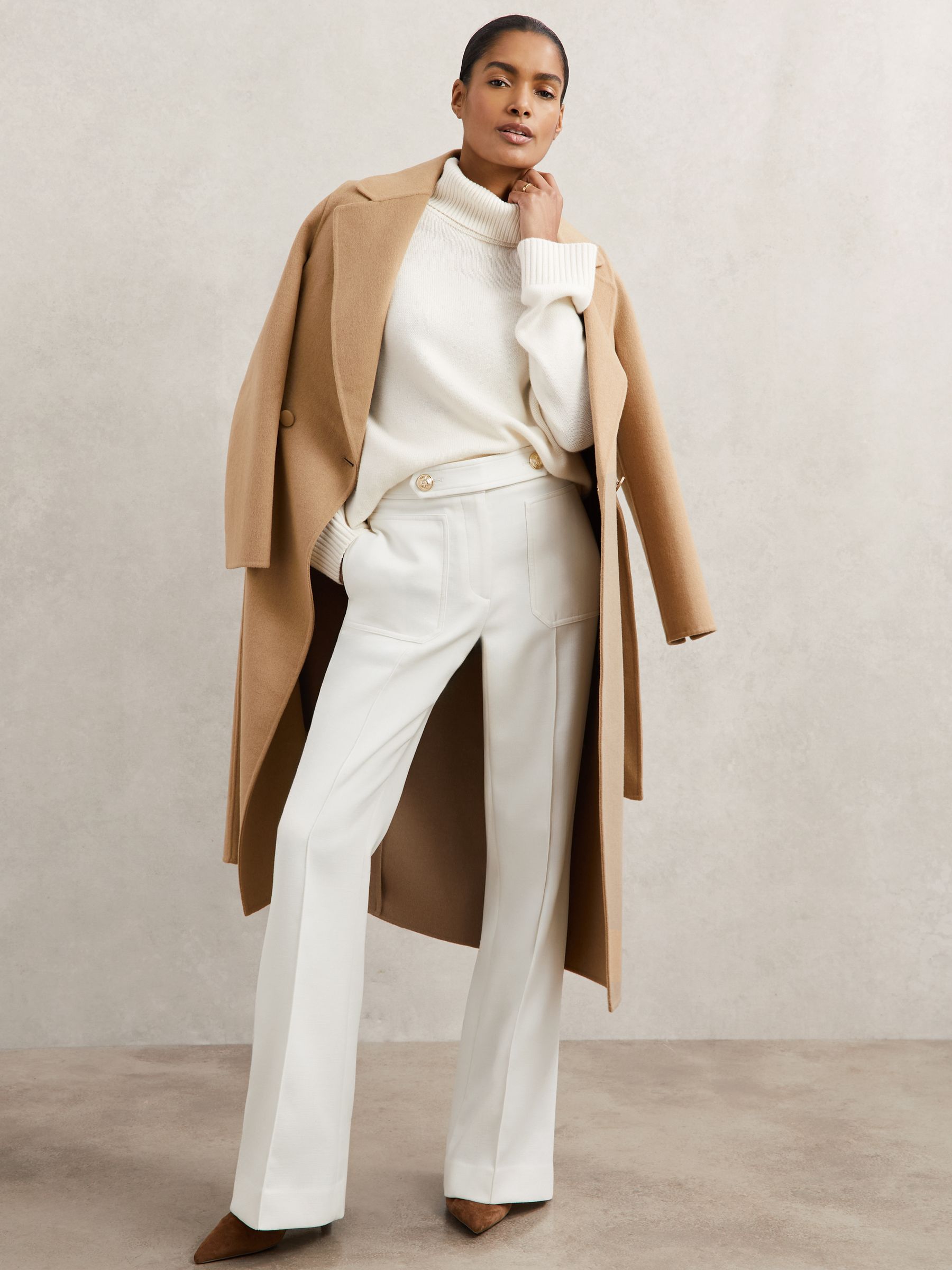 Reiss Petite Twill Button-Tab Flared Trousers With Wool in White | REISS