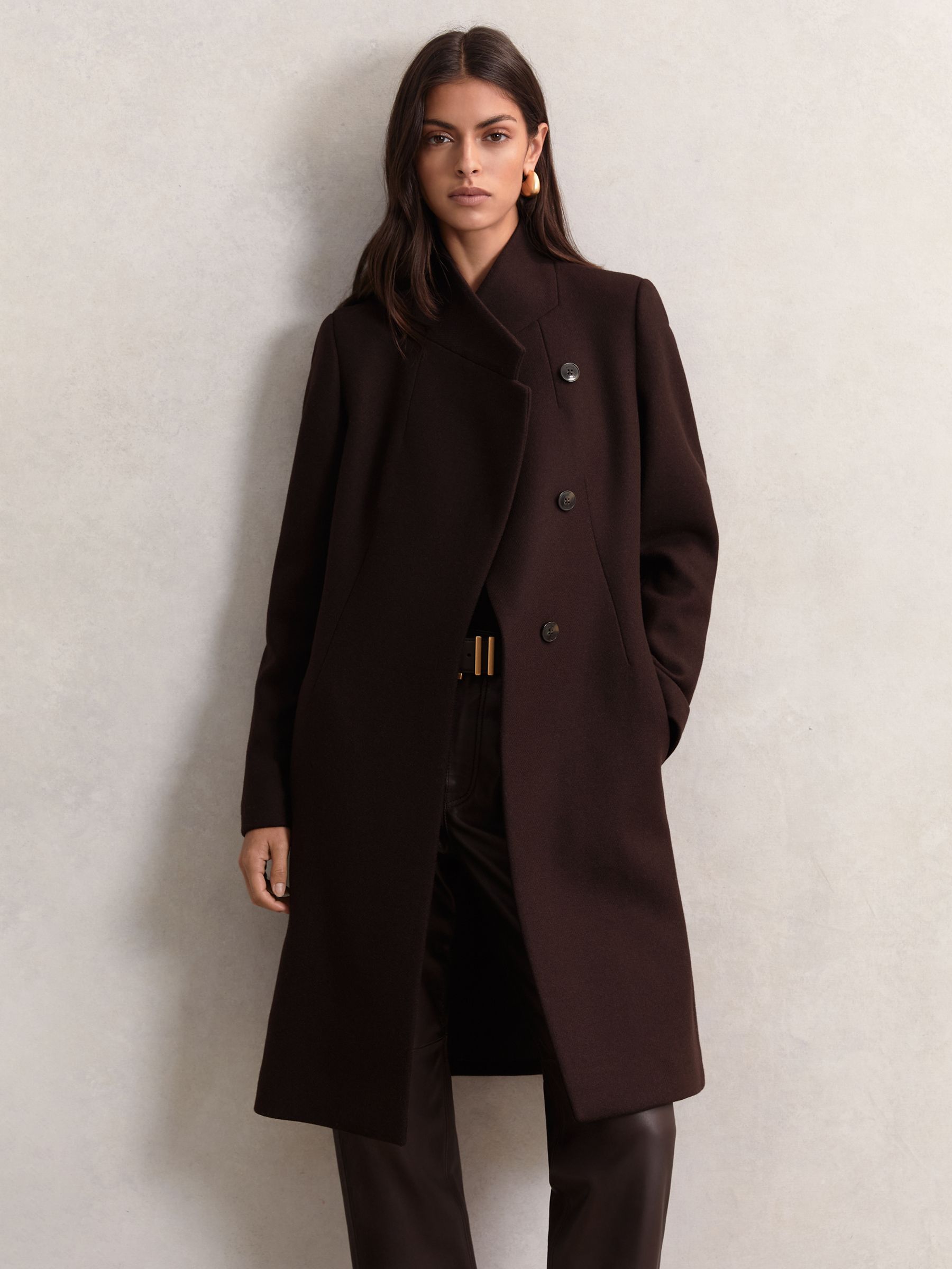Reiss Petite Wool-Blend Wrapover Mid-Length Coat in Chocolate Brown | REISS