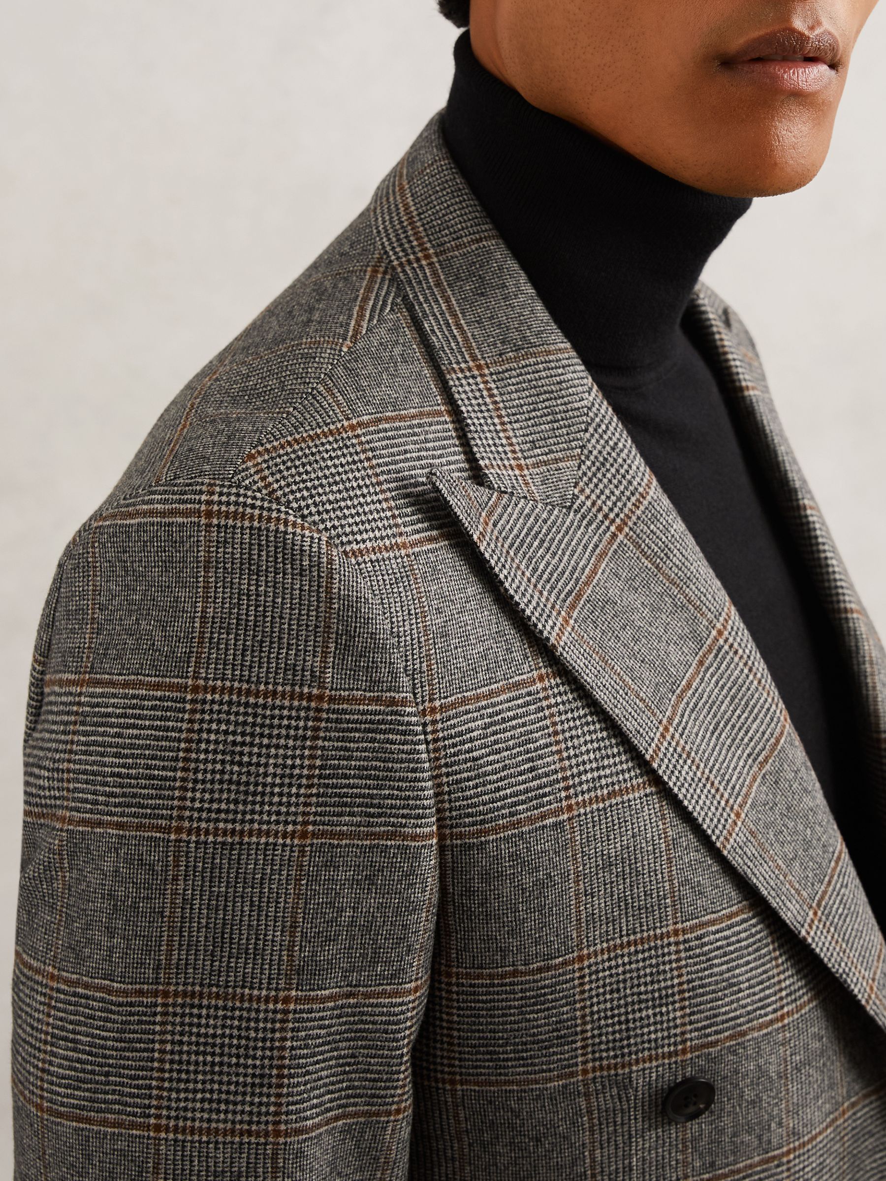 Reiss Wool Double-Breasted Check Tailored-Fit Suit Blazer in Charcoal ...