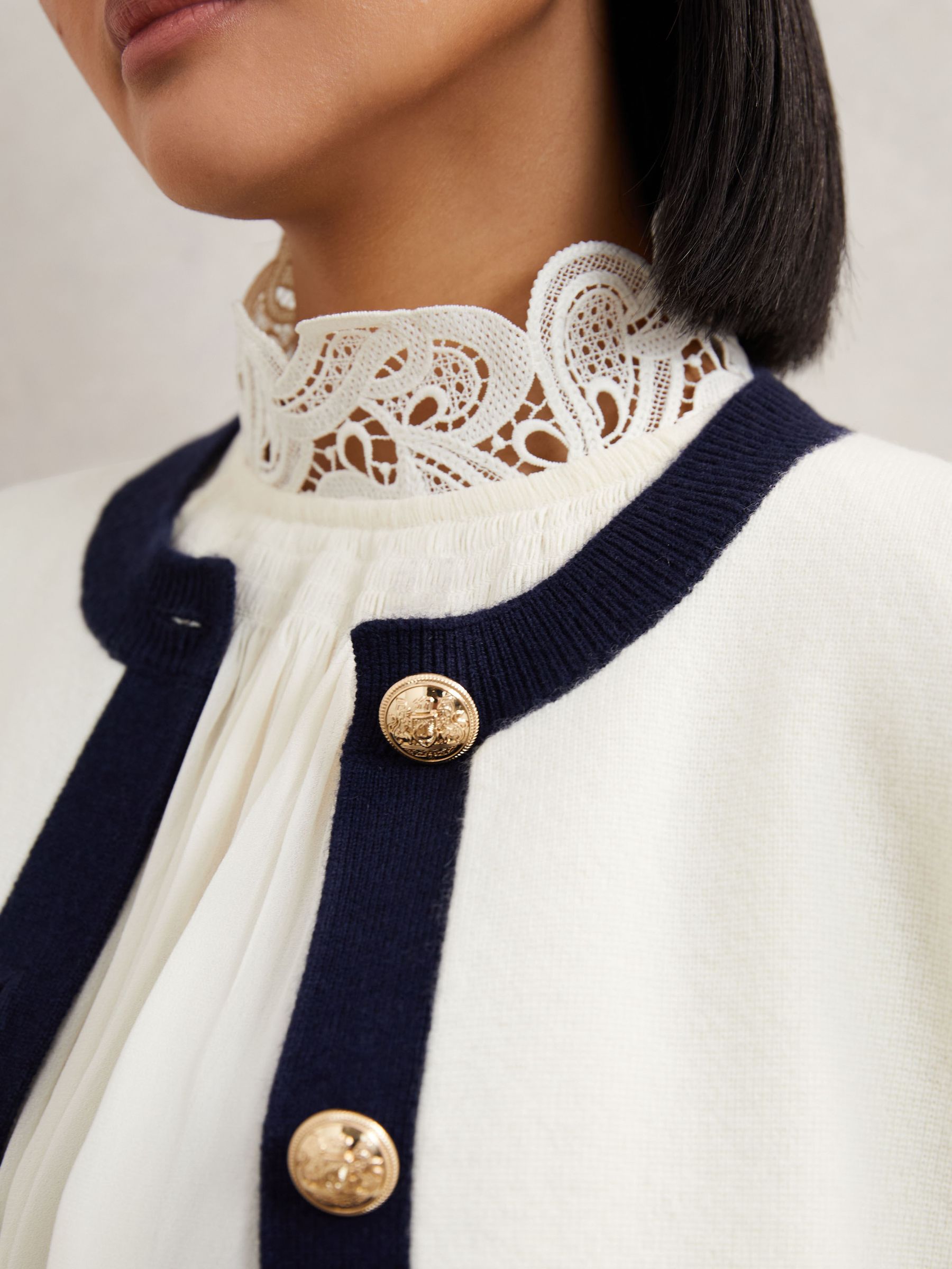 Reiss Wool-Cashmere Crew-Neck Cardigan in Cream/Navy | REISS