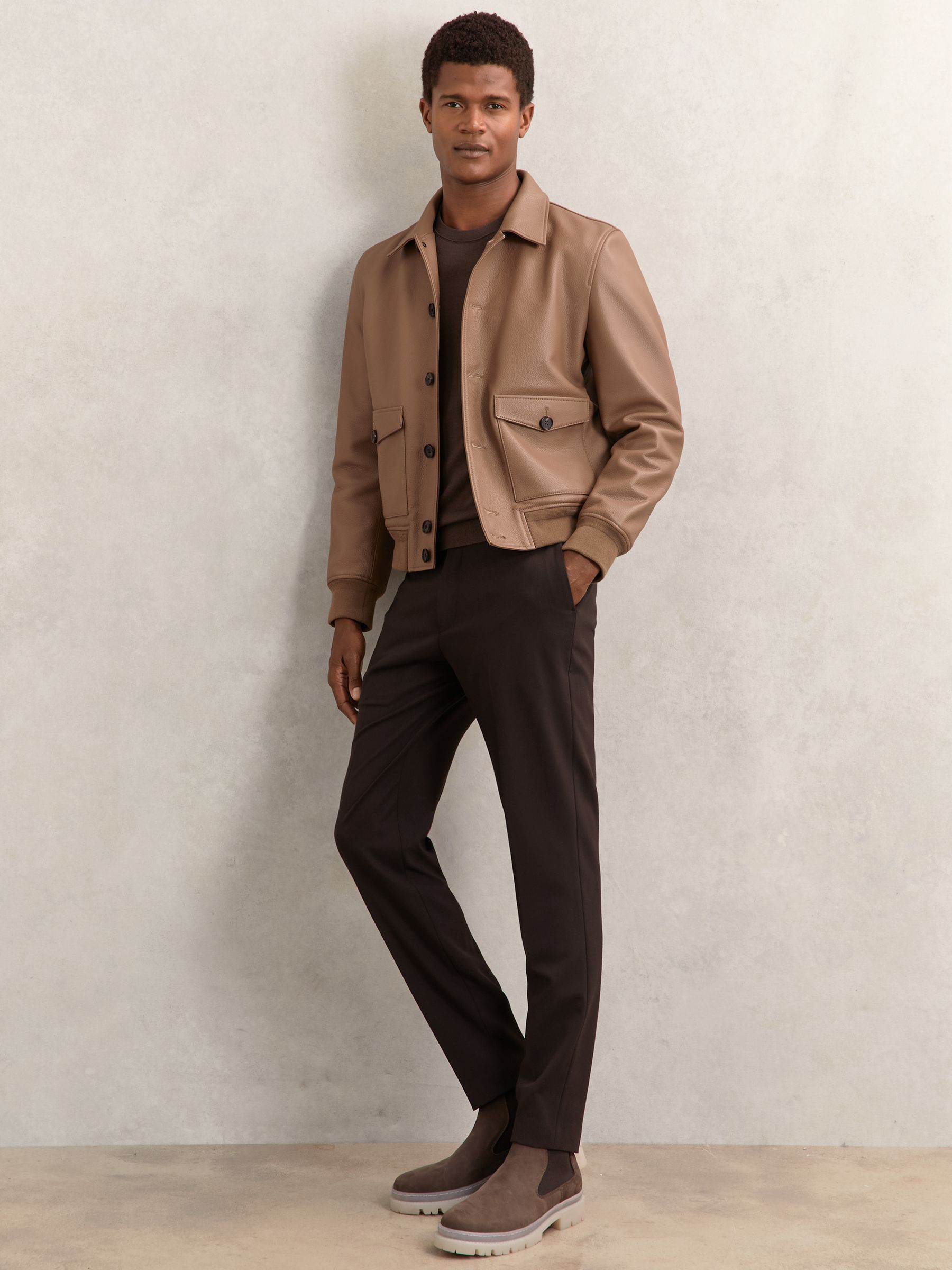 Reiss Tumbled-Leather Harrington Jacket in Tan Brown | REISS