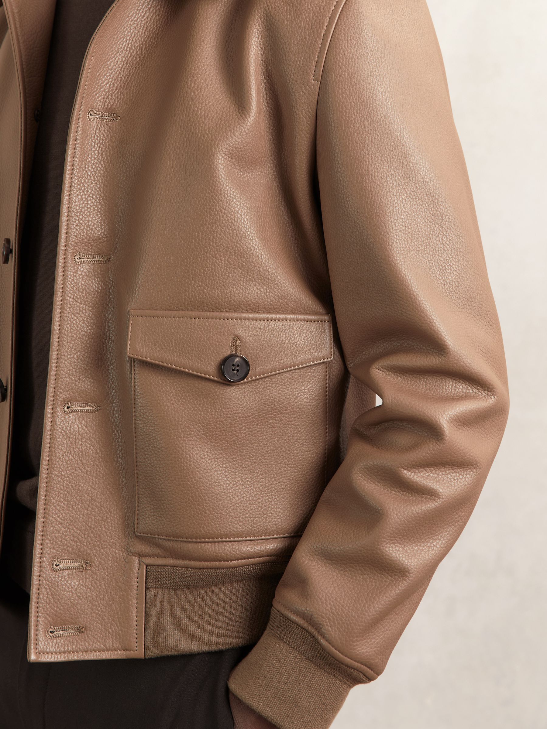 Reiss Tumbled-Leather Harrington Jacket in Tan Brown | REISS