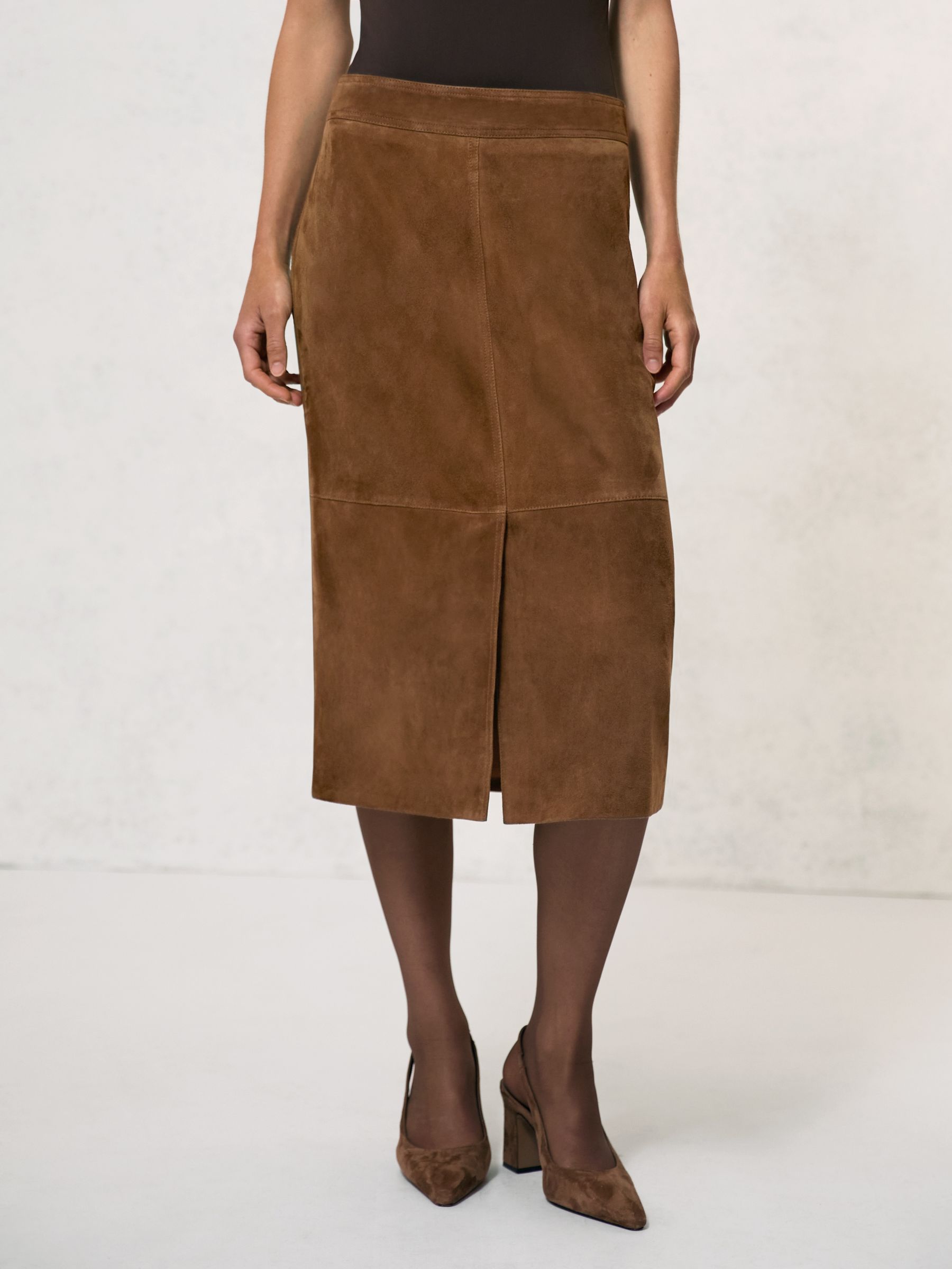 Reiss Suede Straight-Fit Midi Skirt in Tan Brown | REISS
