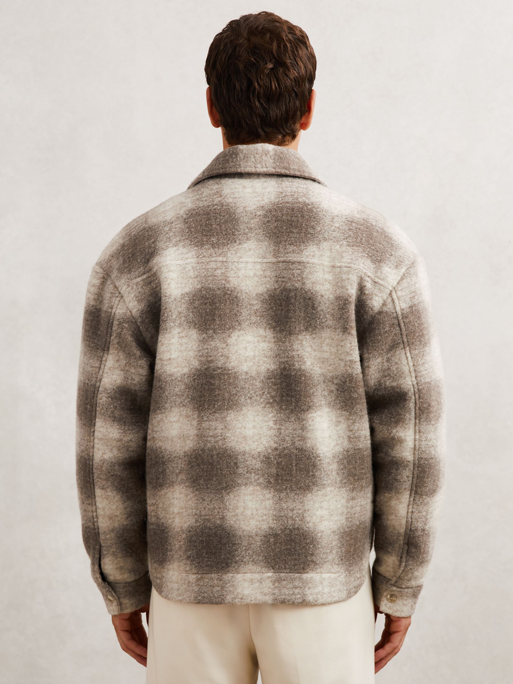Reiss Brushed Check Zip-Through Overshirt with Wool in Ecru/Brown - REISS