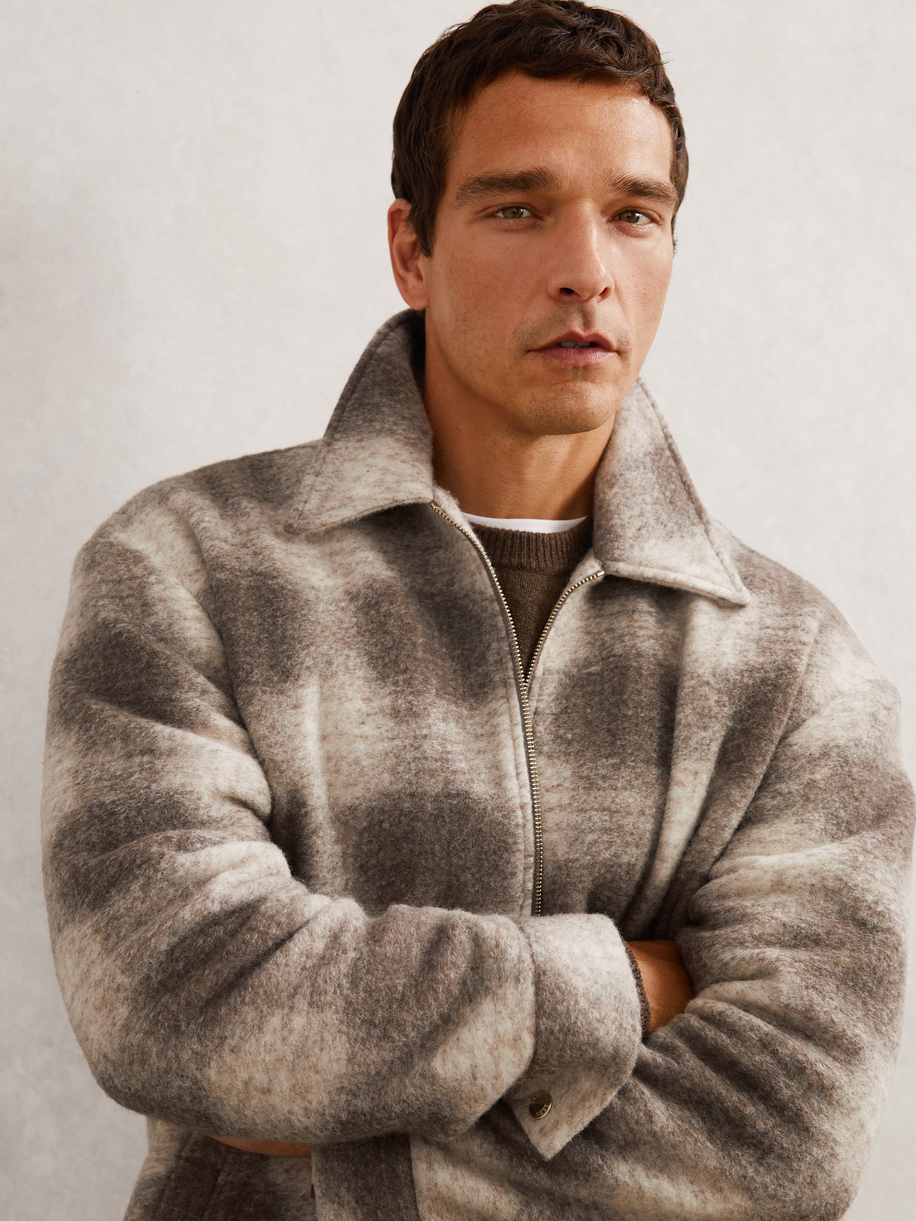 Reiss Brushed Check Zip-Through Overshirt with Wool in Ecru/Brown - REISS