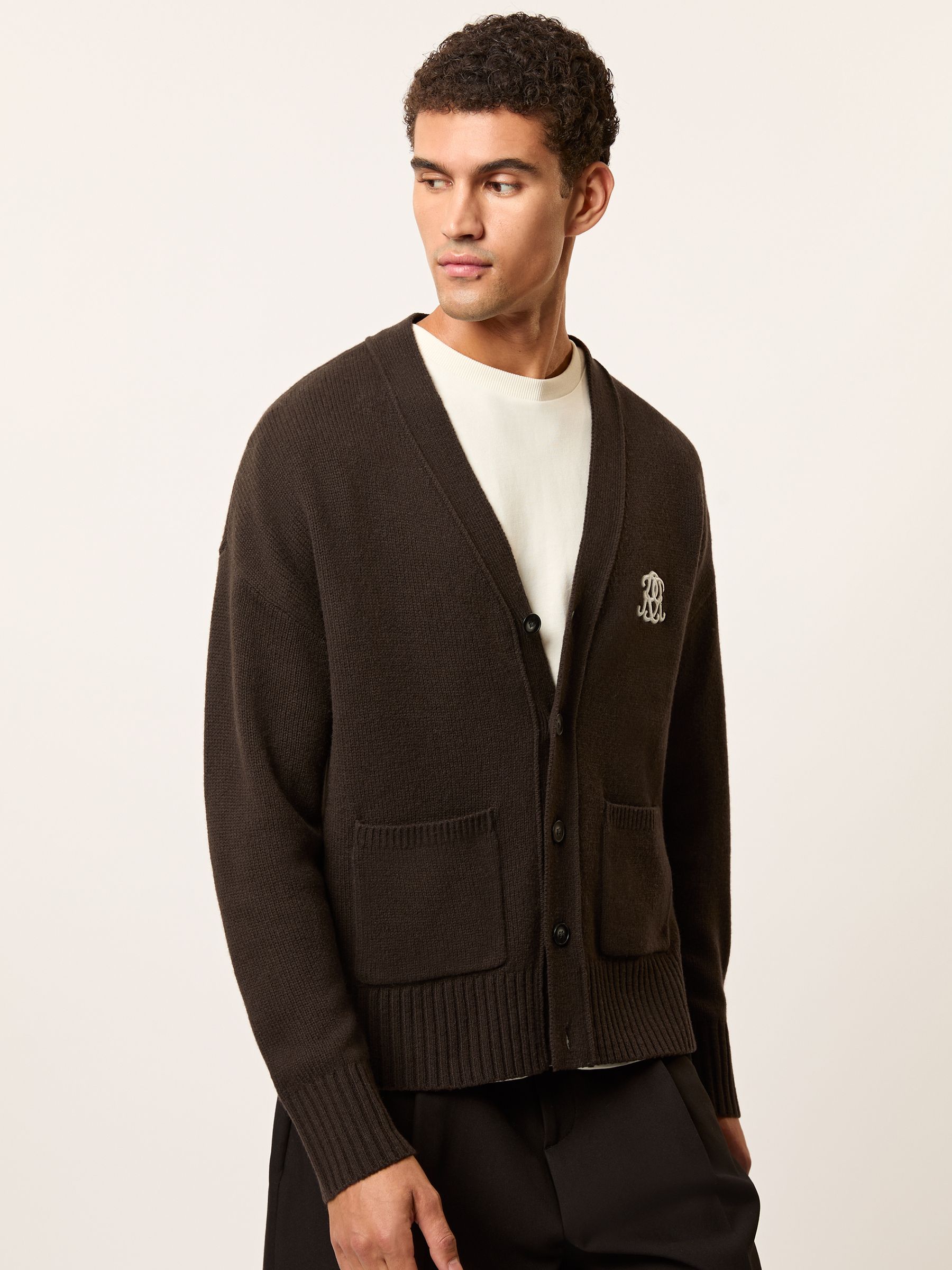 Reiss Monogram Embroidery Relaxed Cardigan Wool in Brown | REISS