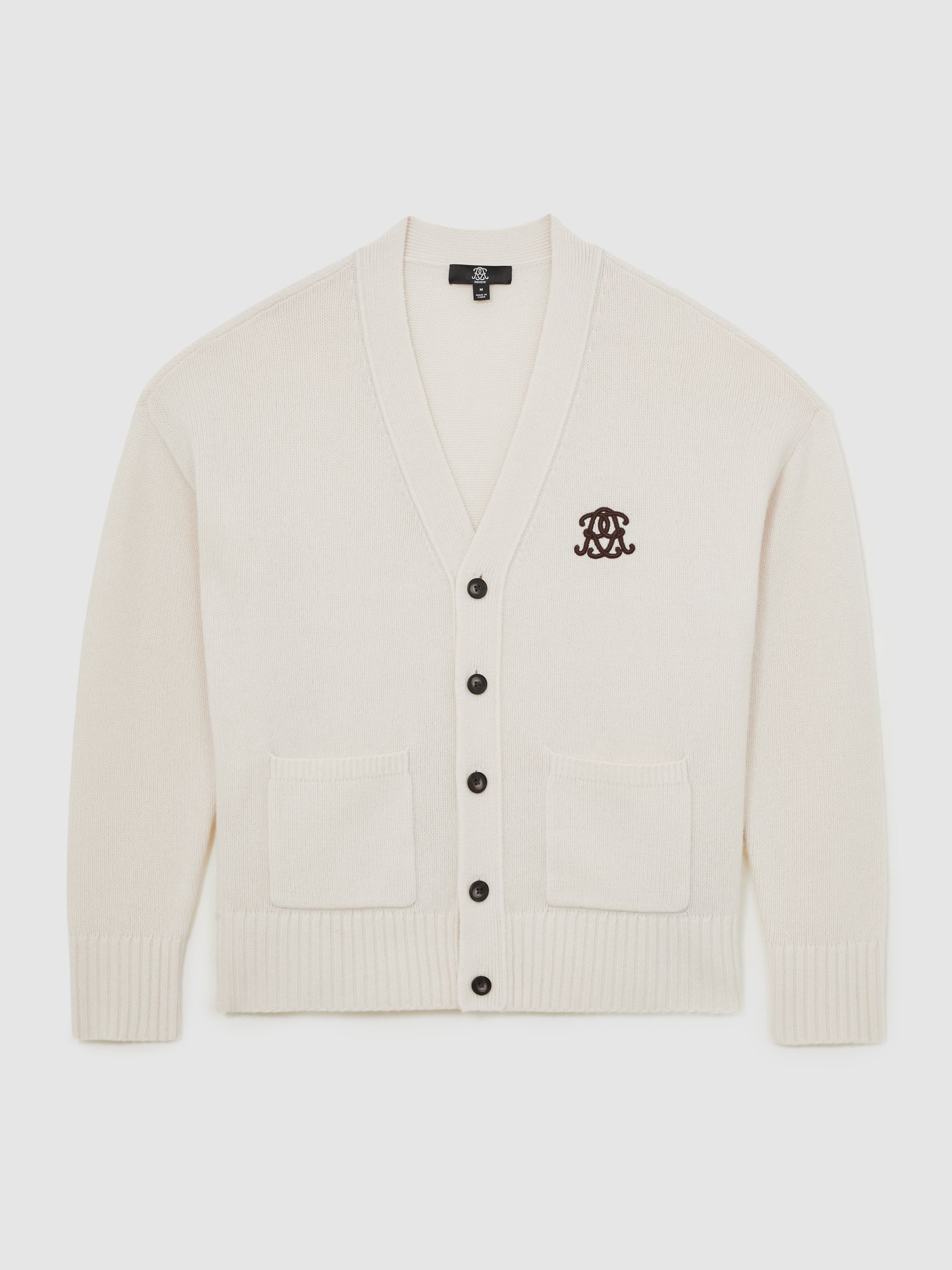Reiss Monogram Embroidery Relaxed Cardigan Wool in Off White | REISS