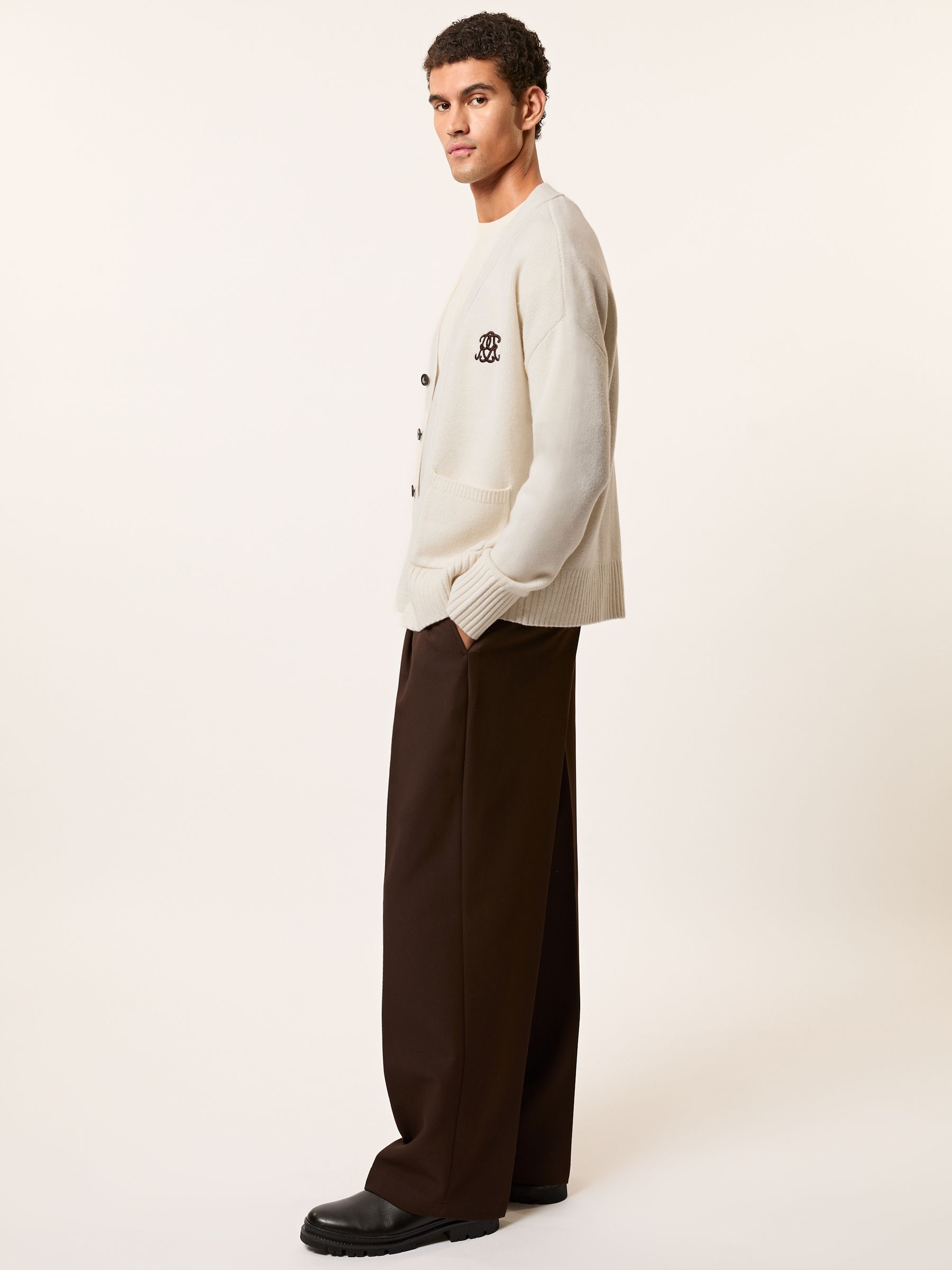 Reiss Monogram Embroidery Relaxed Cardigan Wool in Off White | REISS