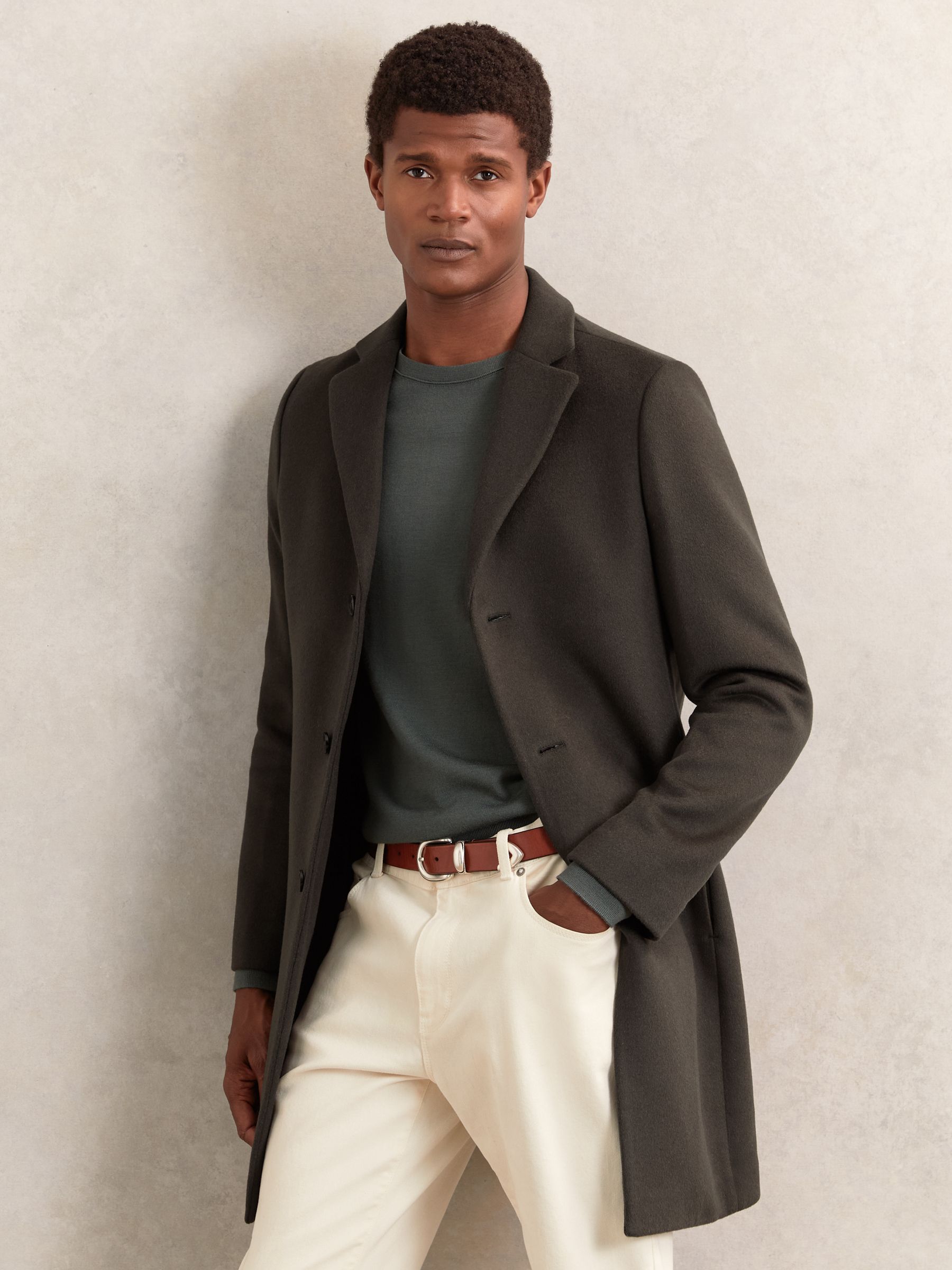 Reiss Wool-Blend Single-Breasted Overcoat in Dark Khaki Green | REISS