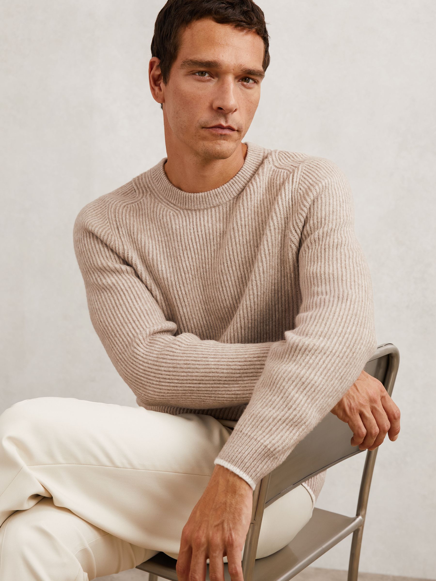 Reiss Brushed Rib-Knit Crew-Neck Jumper with Wool in Oatmeal Brown | REISS